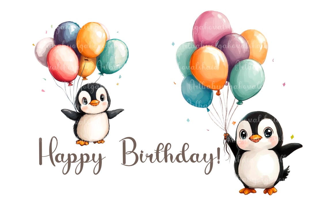 Penguin Clipart, Penguin With Balloons PNG, Happy Birthday, Digital ...