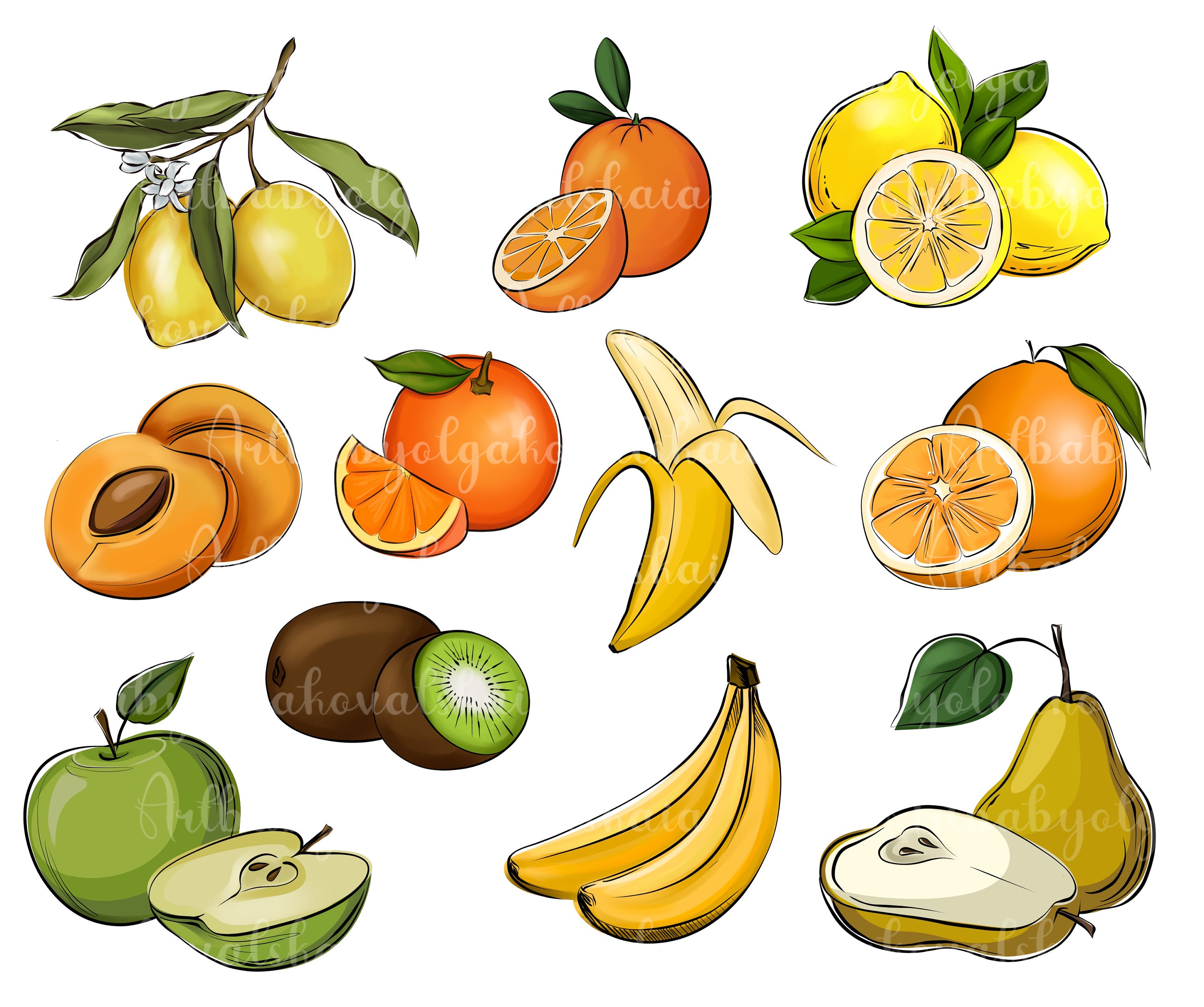 Fruits Clipart, Fruits PNG, Apple, Lemon, Banana, Kiwi, Orange, Apricot ...