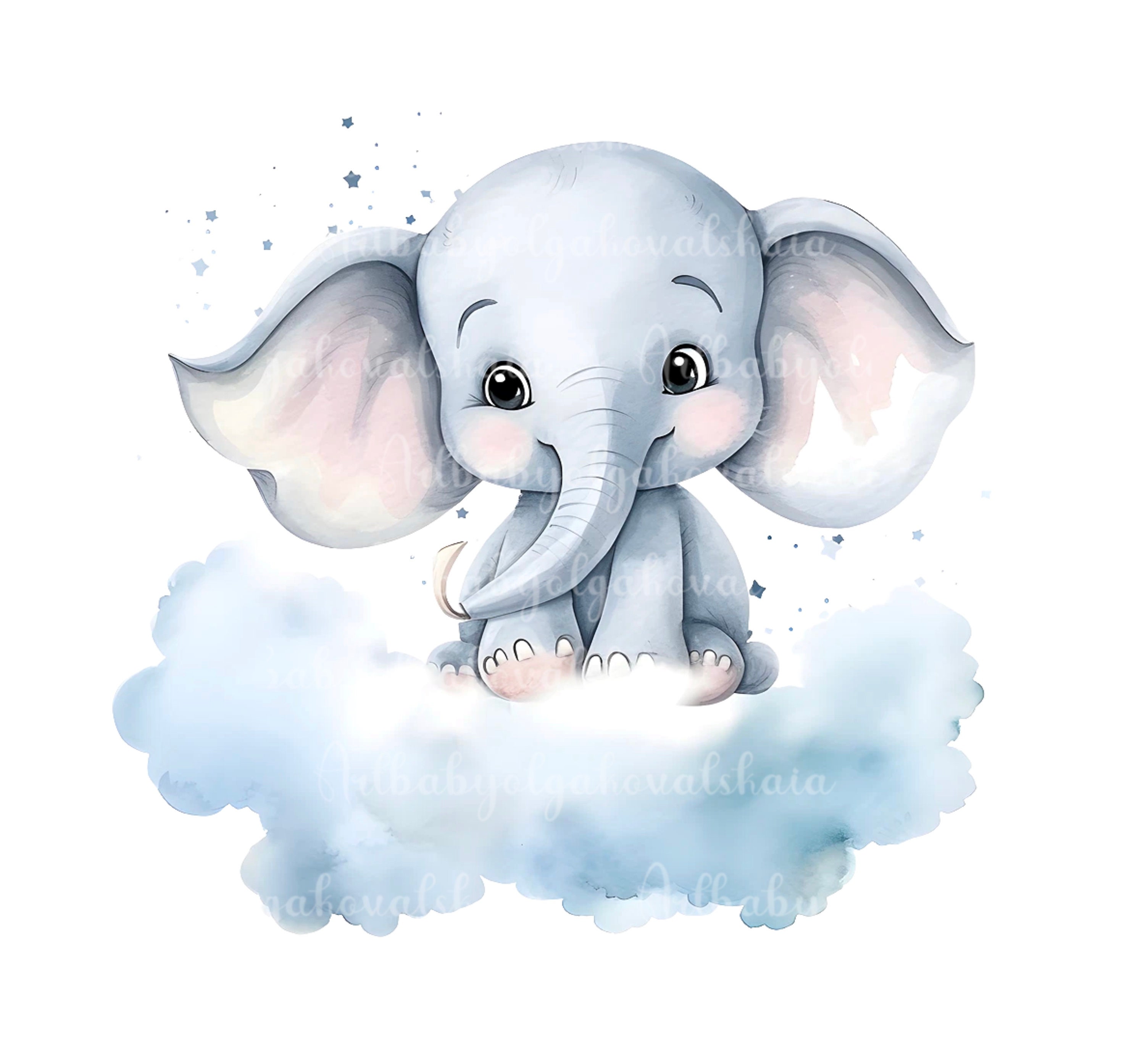 Watercolor Elephant Clipart, Cute Elephant on a Cloud, PNG, Baby Shower ...