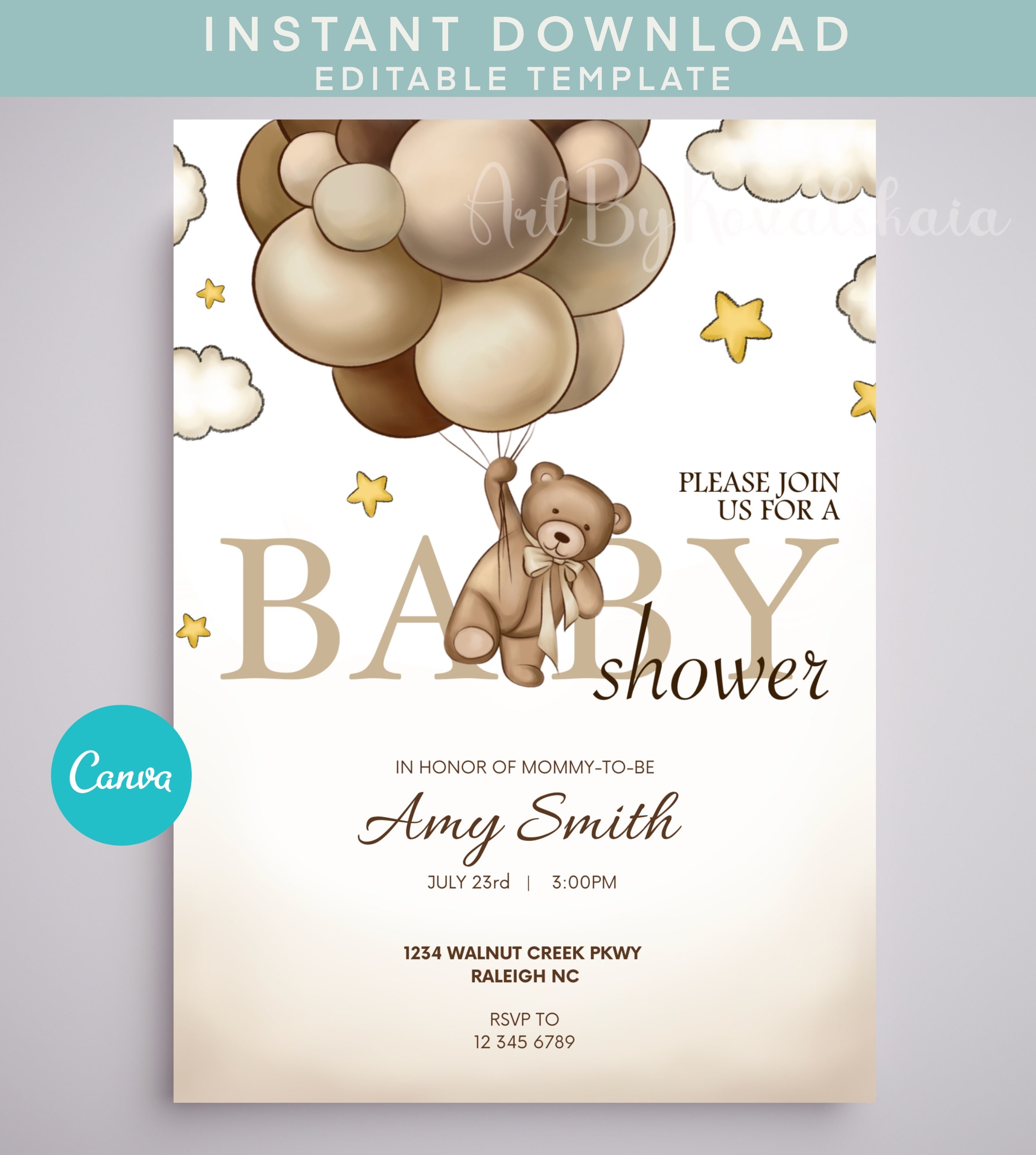 Editable Baby Shower Invitation, Teddy Bear Invitation Template ...