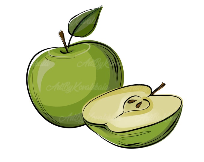 Cute Green Apple Clipart | Commercial Use Jpgs (digital Download ...