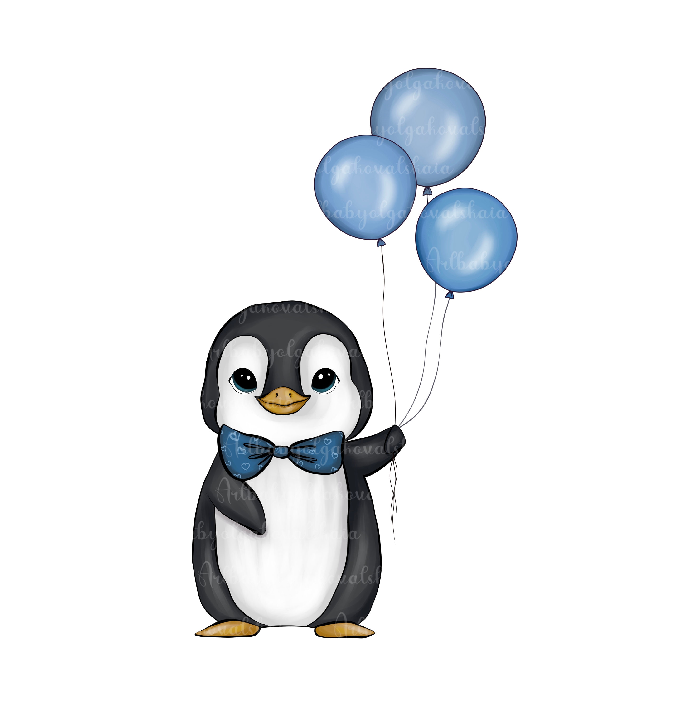 Penguin Clipart, Penguin With Balloons PNG, Baby Shower Boy, Digital ...