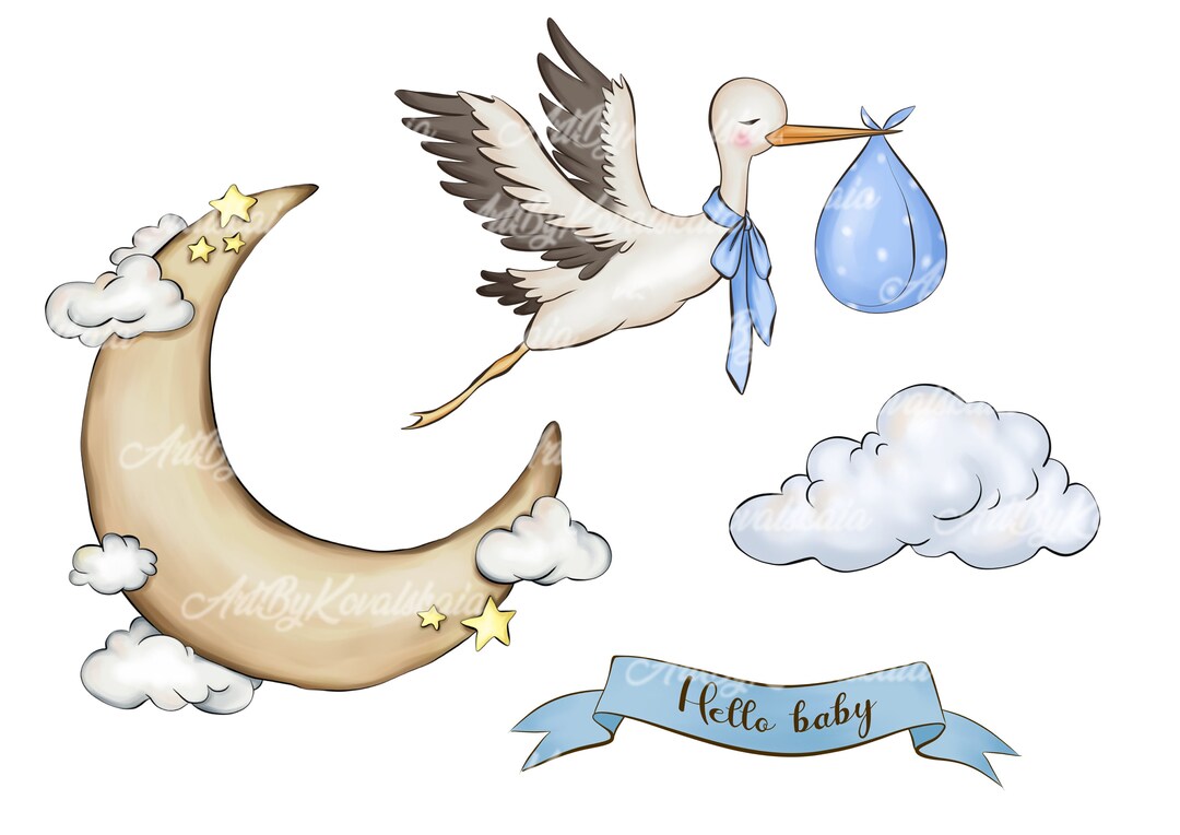Stork Clipart, Stork PNG, Baby Shower Boy, Hello Baby, Digital Download ...