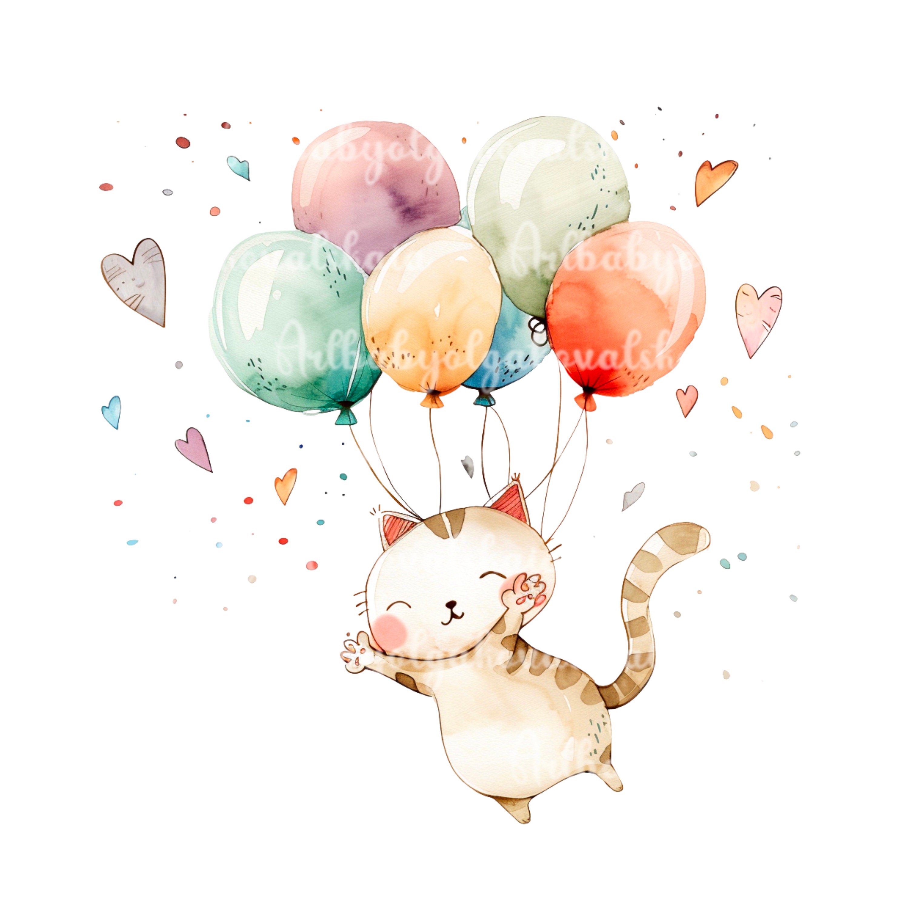 Cat Clipart, Watercolor Cat PNG, Birthday, Balloons, Digital Download ...