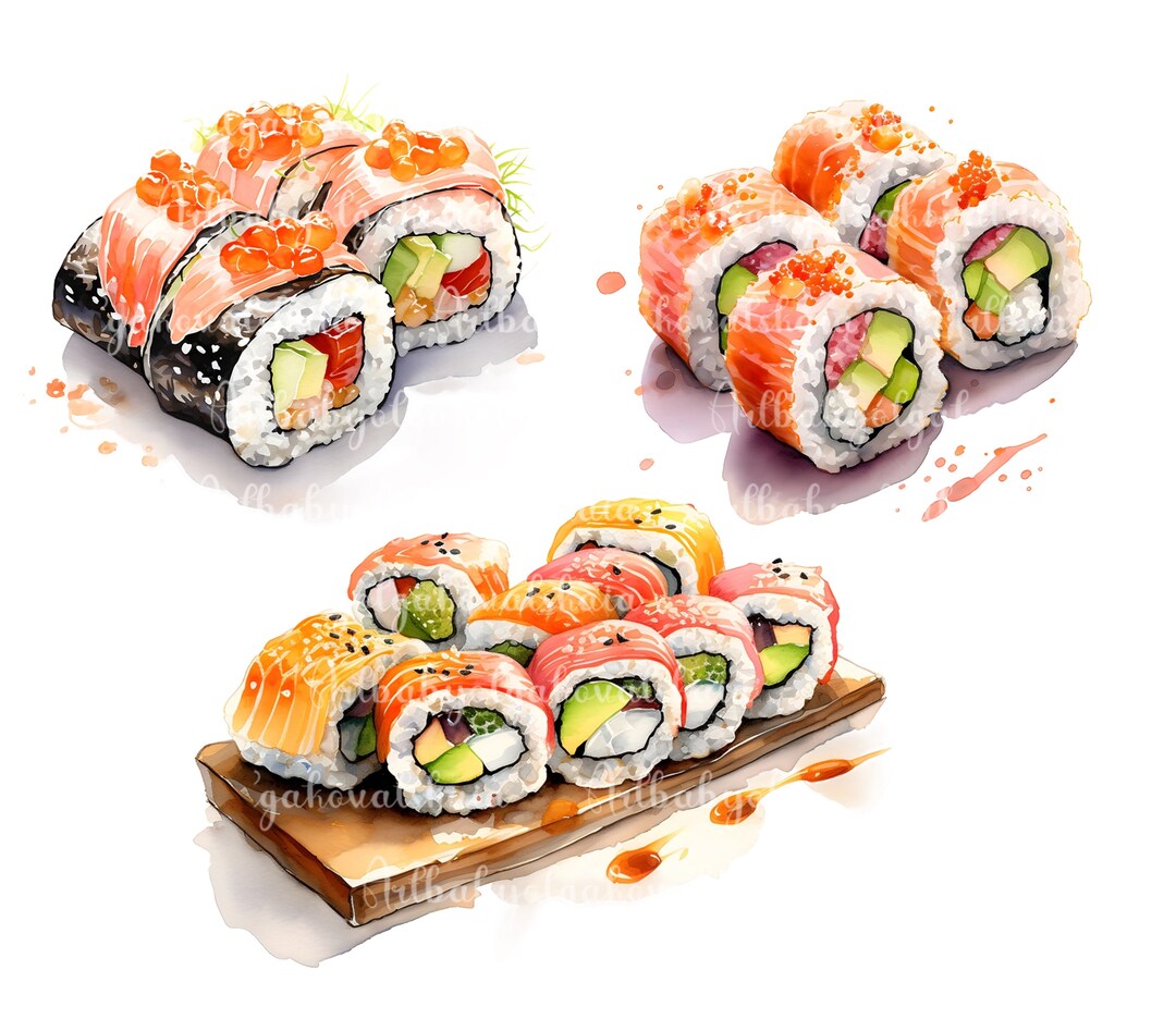 Watercolor Sushi Clipart PNG, Food Clip Art, Digital Download - Etsy
