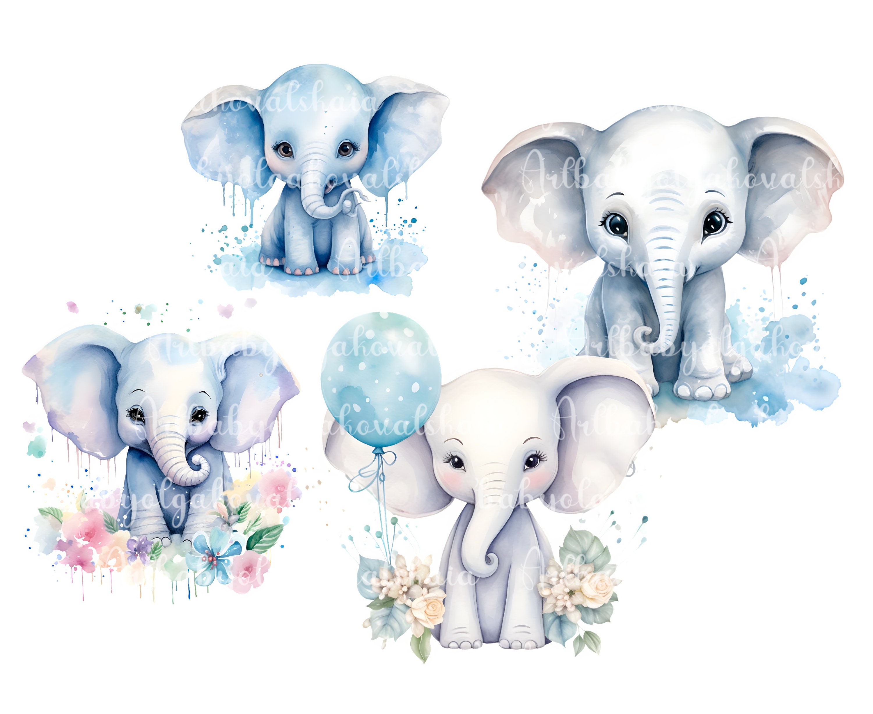 Watercolor Elephant Clipart PNG, Baby Shower Clipart, Digital Download ...