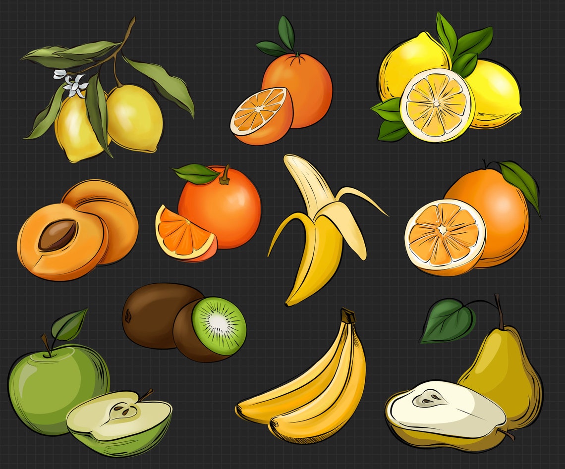 Fruits Clipart Fruits PNG Apple Lemon Banana Kiwi - Etsy