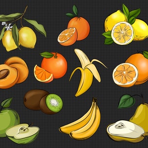 Fruits Clipart, Fruits PNG, Apple, Lemon, Banana, Kiwi, Orange, Apricot ...