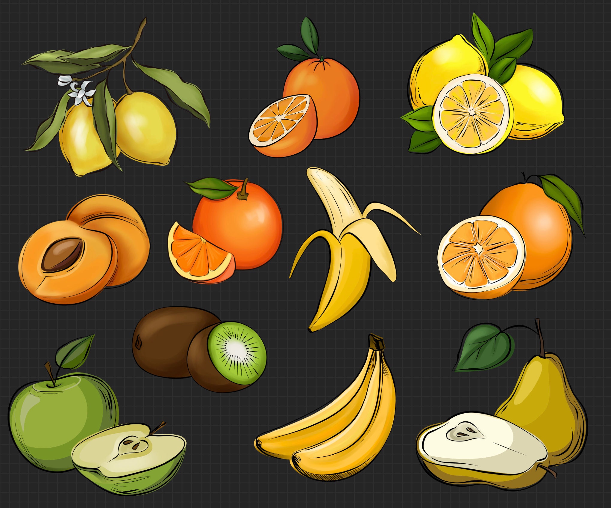 Fruits Clipart, Fruits PNG, Apple, Lemon, Banana, Kiwi, Orange, Apricot ...