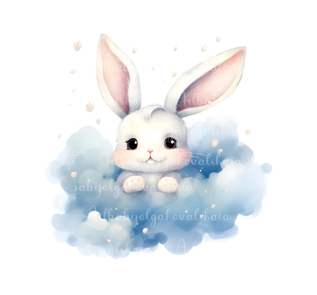 Watercolor Bunny Clipart, Cute Rabbit PNG, Bunny on a Cloud, Baby ...