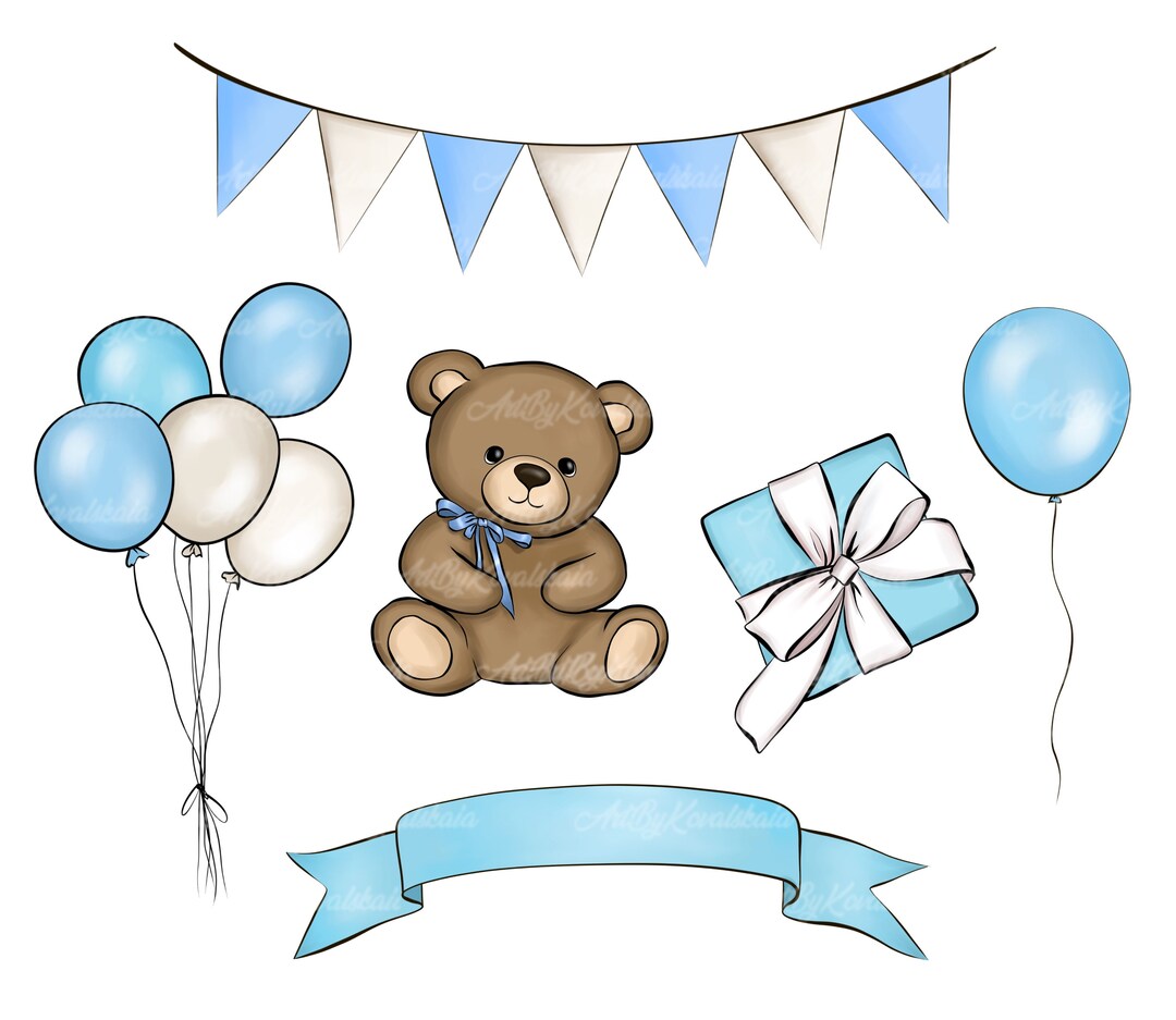 Teddy Bear Clipart, Birthday Clipart, Balloons PNG, Baby Shower Boy ...