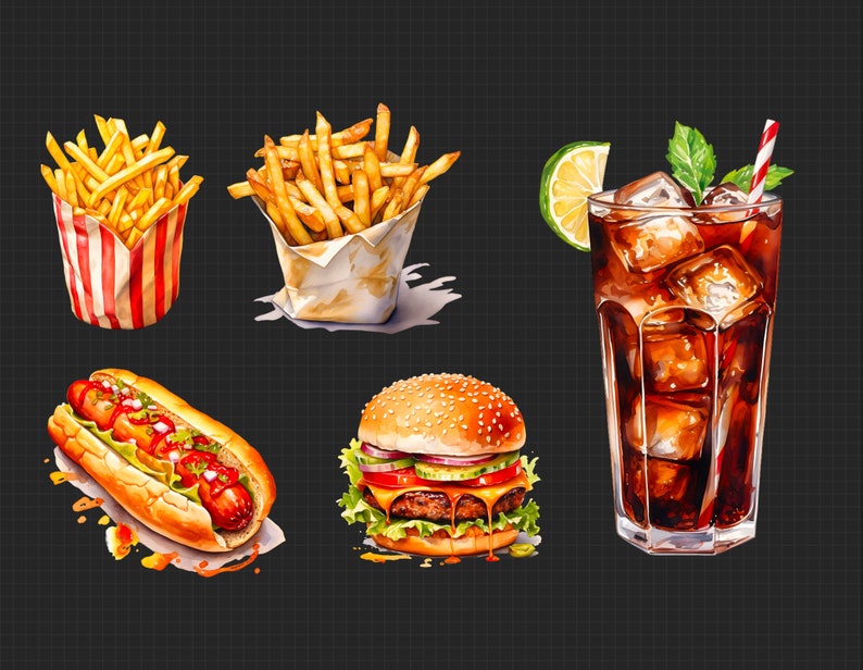 Fast Food Clipart, Hamburger, French Fries, Hot Dog PNG, Digital ...