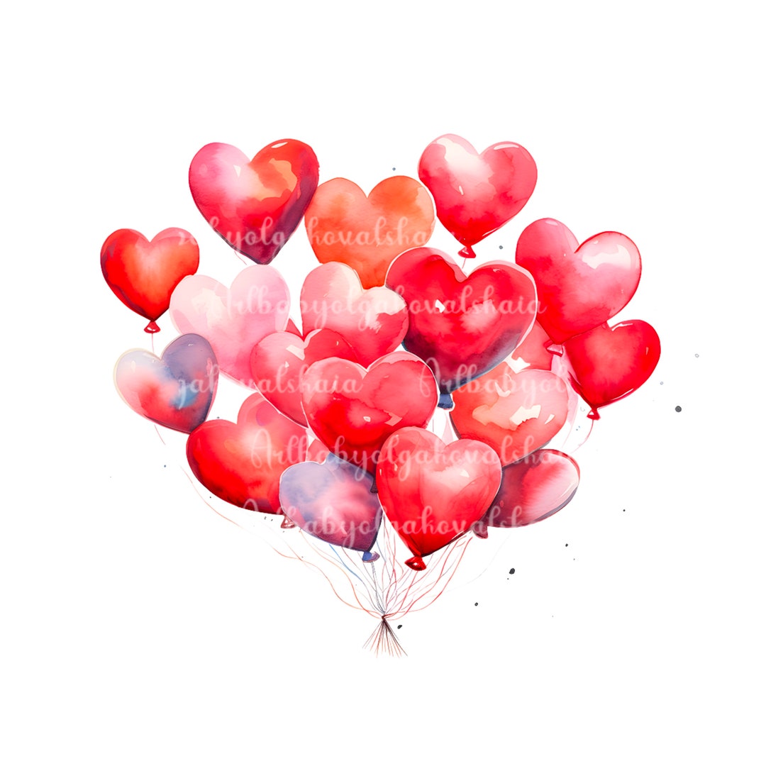 Watercolor Heart Balloons PNG: Valentine's Day Clipart (digital ...