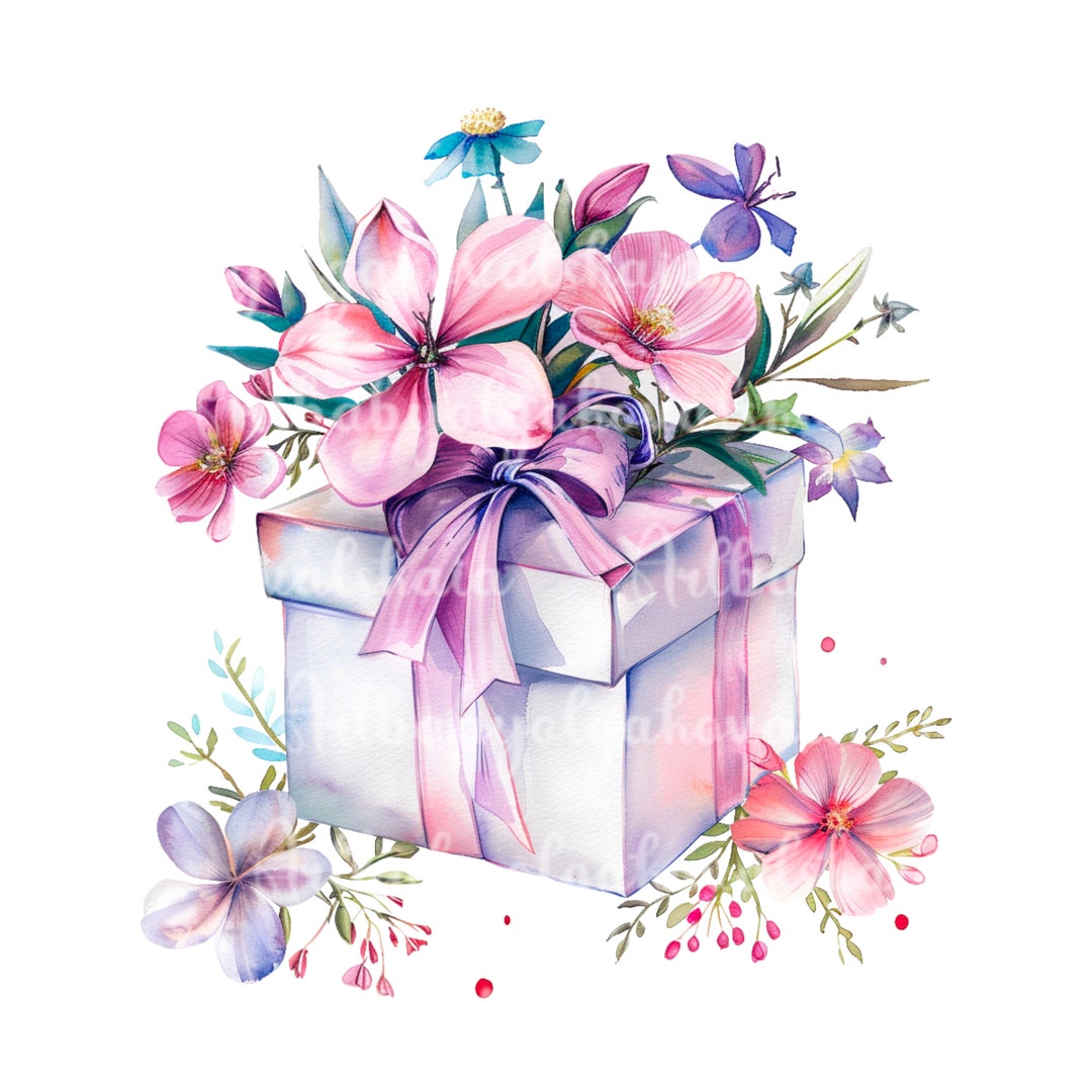 Gift Box PNG, Watercolor Present Clipart, Mothers Day, Flowers, Digital ...
