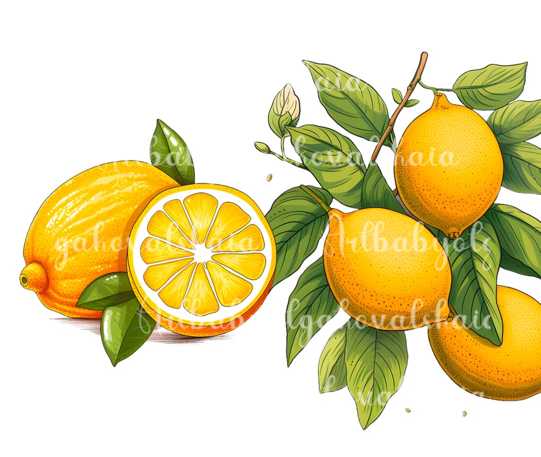 Lemon Clipart, Lemons PNG, Fruits Clip Art, Retro Style, Digital ...
