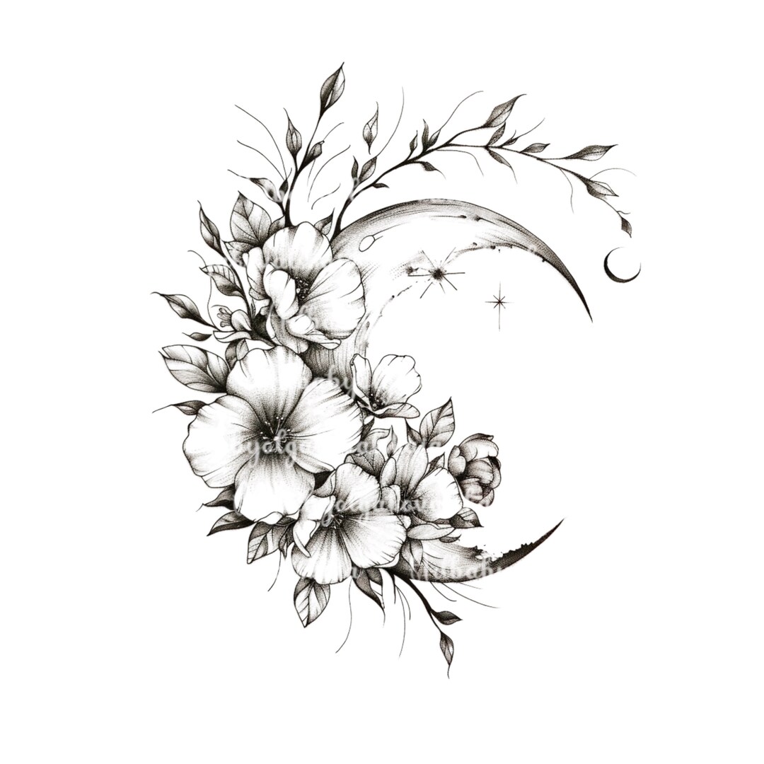 Moon Tattoo Design, Floral Tattoo PNG, Digital Download - Etsy