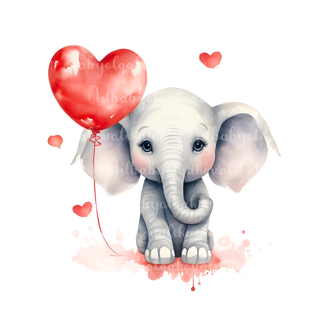 Elephant Clipart, Watercolor Elephant PNG, Valentines Day, DIGITAL ...