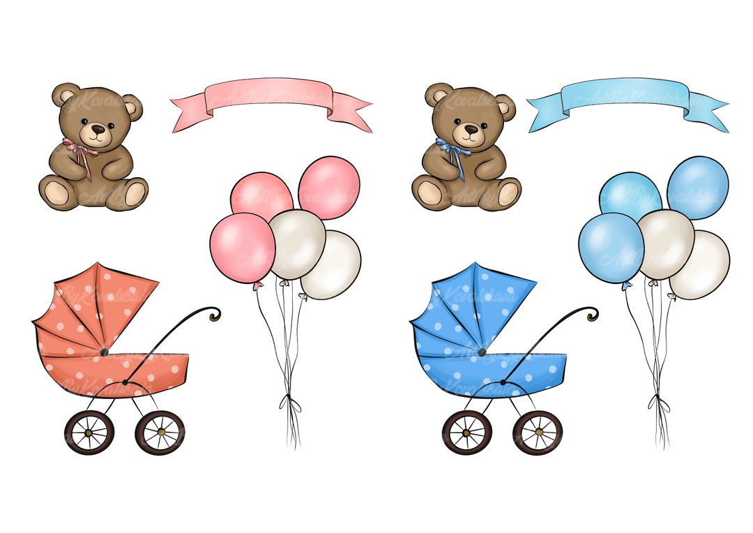 Teddy Bear Baby Shower Clipart: Carriage & Balloons (PNG Digital ...