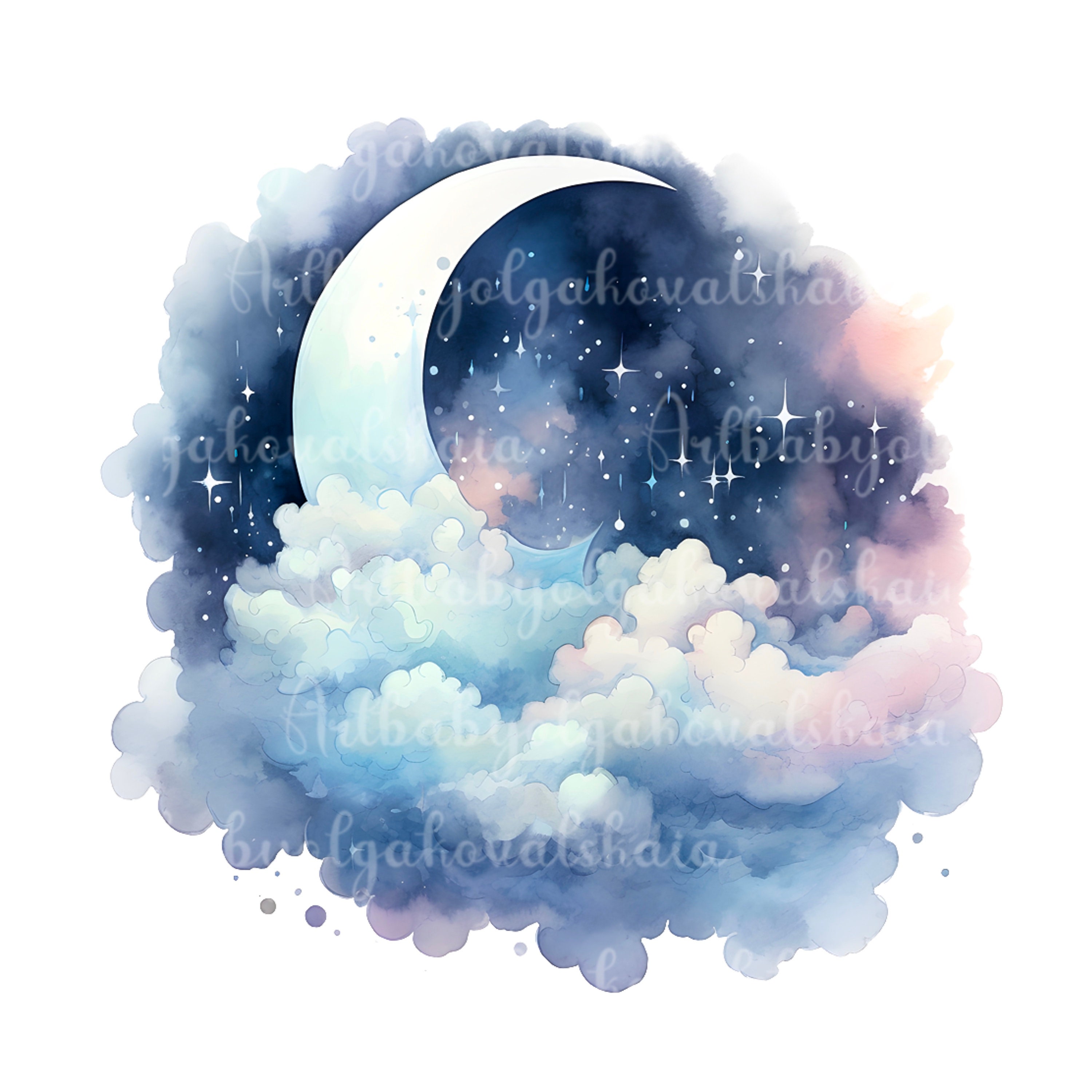 Watercolor Moon, Clouds Clipart, PNG, Digital Download - Etsy