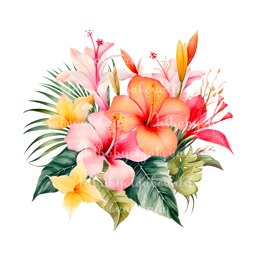 Tropical Flowers Clip Art, Watercolor Flowers PNG, Digital Download - Etsy