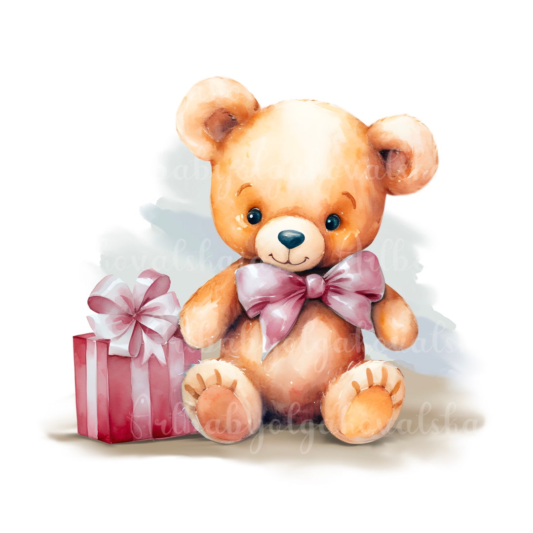 Watercolor Teddy Bear Clipart, Cute Teddy Bear PNG, Baby Shower Girl ...