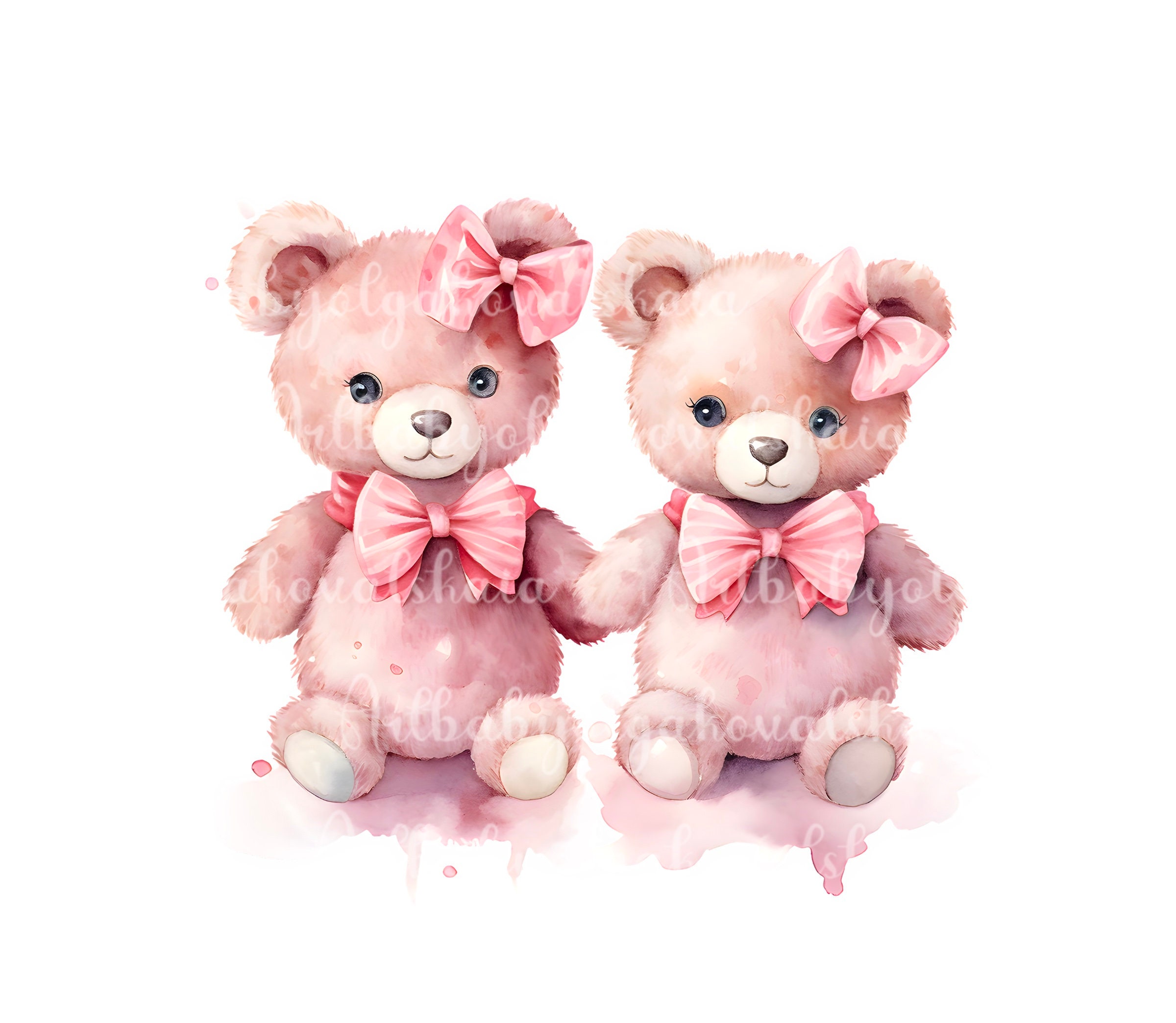Watercolor Teddy Bear Clipart PNG, Baby Shower Girl Twins, Digital ...