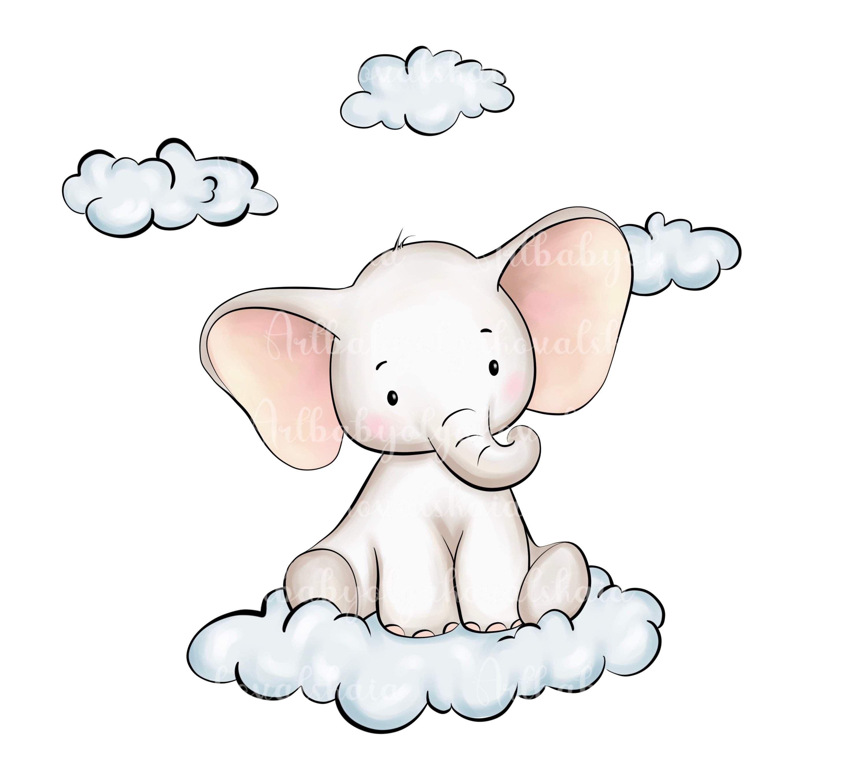 Elephant Clipart, Cute Elephant, Clouds, PNG, Digital Download - Etsy