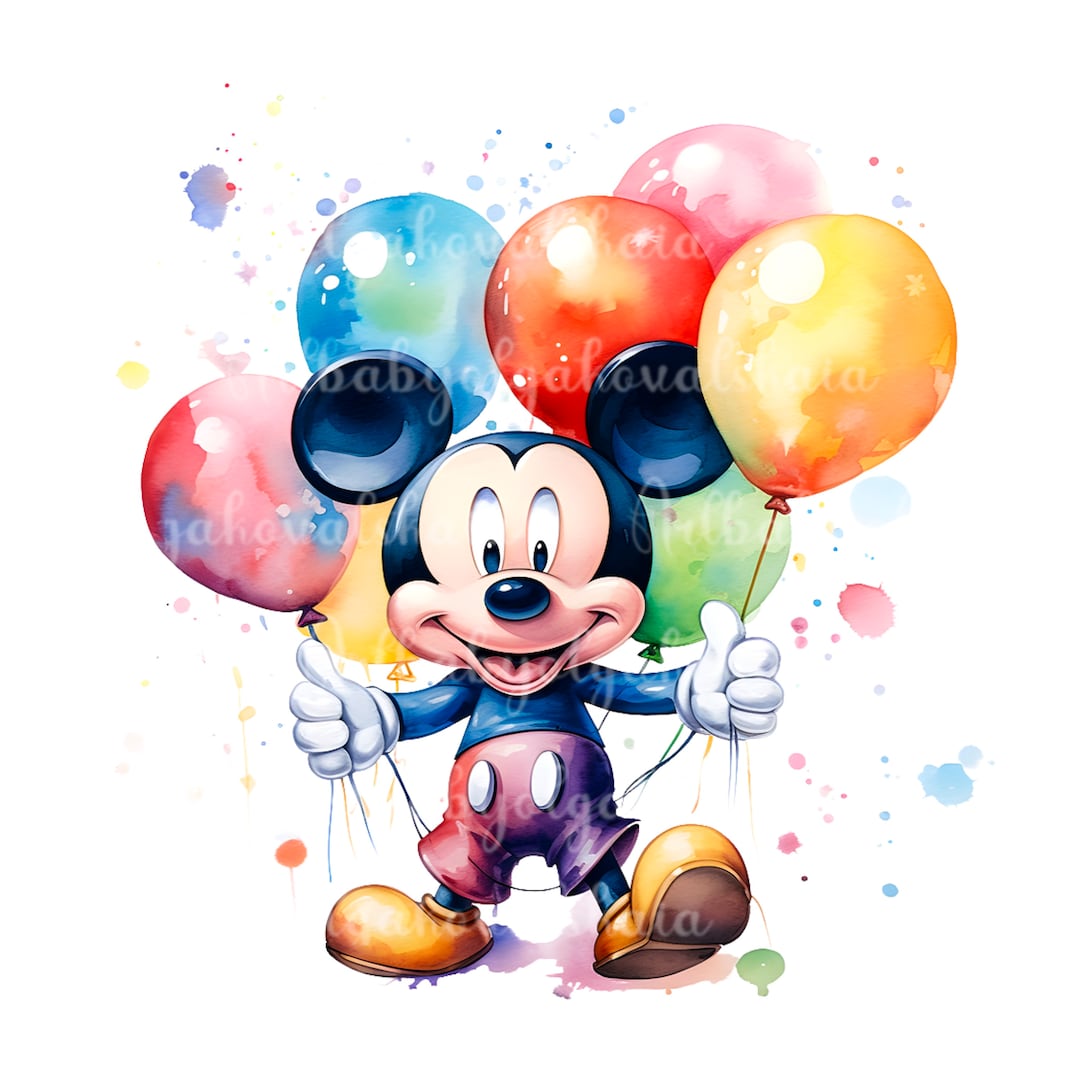 Watercolor Mickey Mouse Clipart: Birthday Balloons (PNG Digital ...