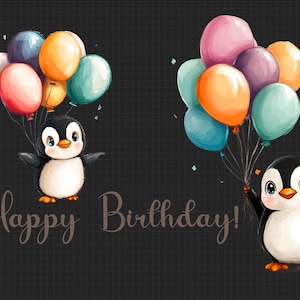 Penguin Clipart, Penguin With Balloons PNG, Happy Birthday, Digital ...