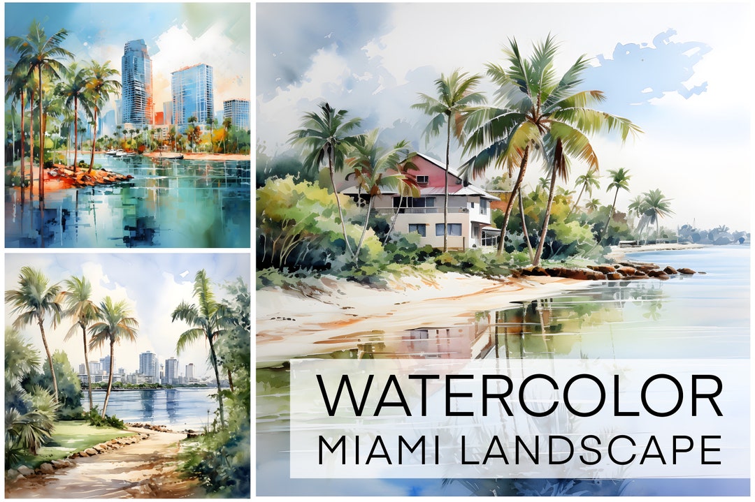 3 Miami Landscape Bundle, Watercolor Tropical Landscapes, Florida ...