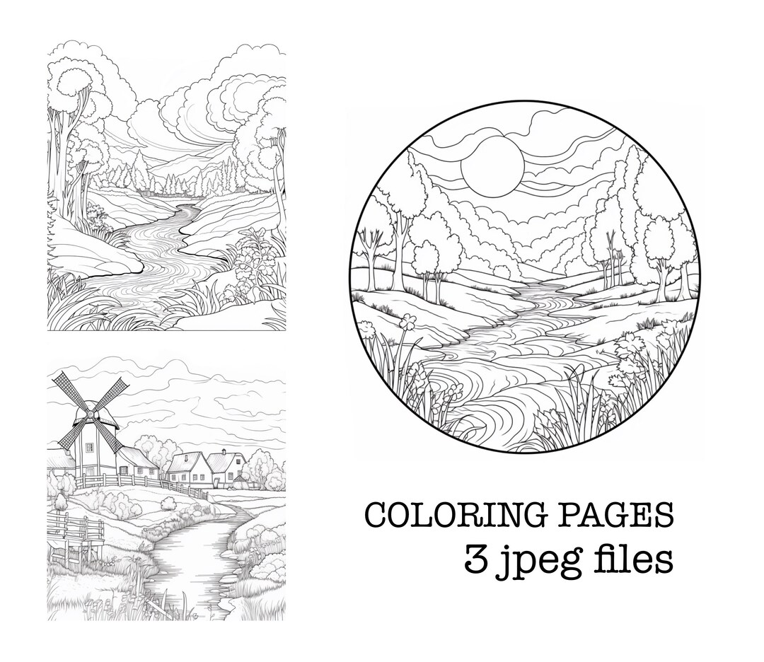 Landscape Coloring Pages Landscape Clipart Coloring Pages - Etsy