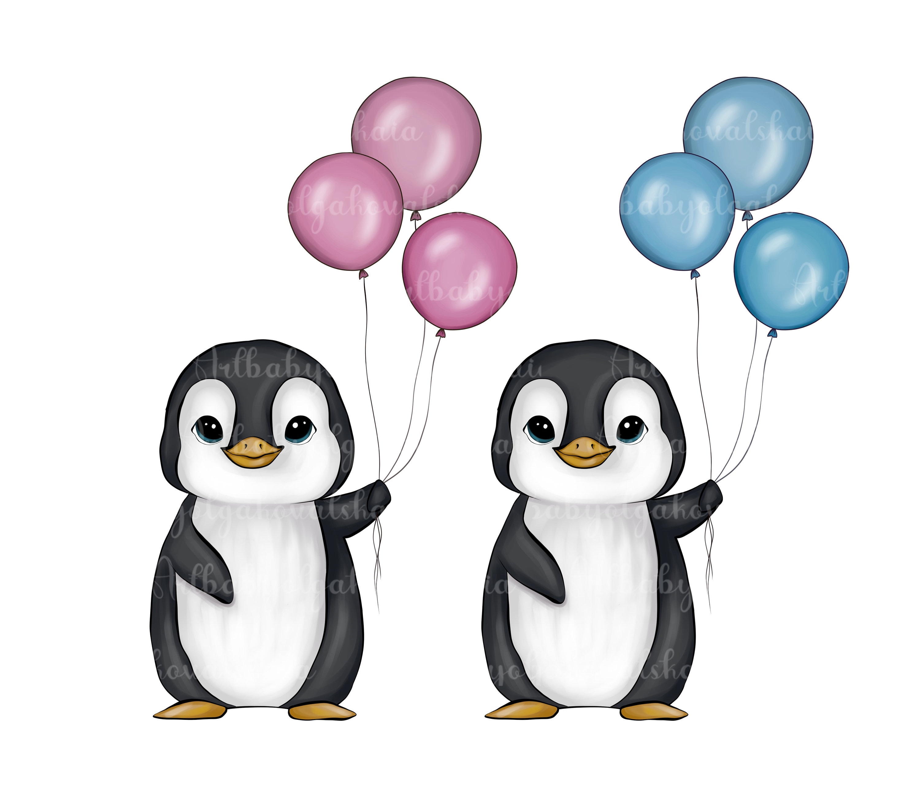 Penguin Clipart, Penguin With Balloons PNG, Baby Shower, Digital ...