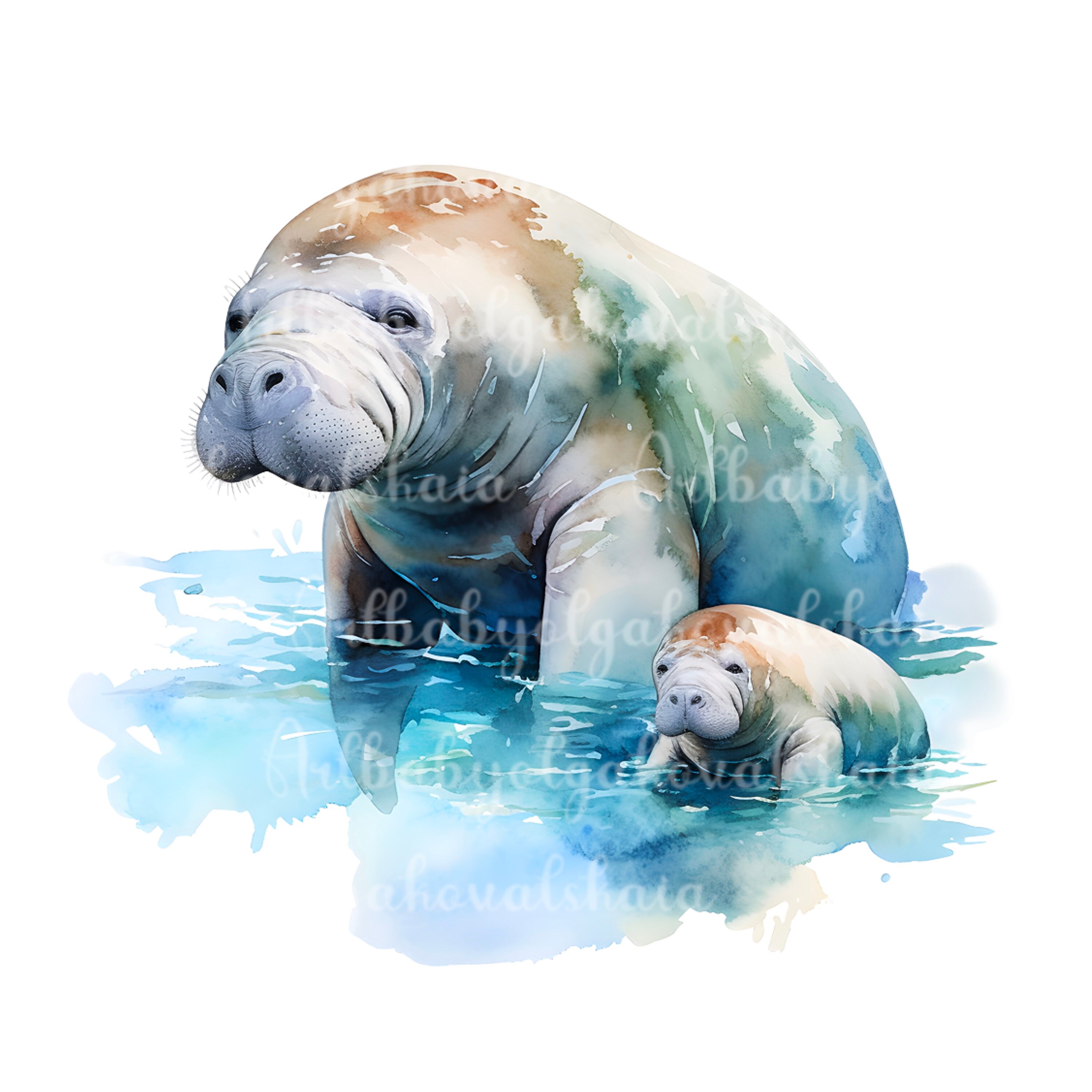 Watercolor Manatee Clipart, Mom and Baby PNG, Digital Download - Etsy