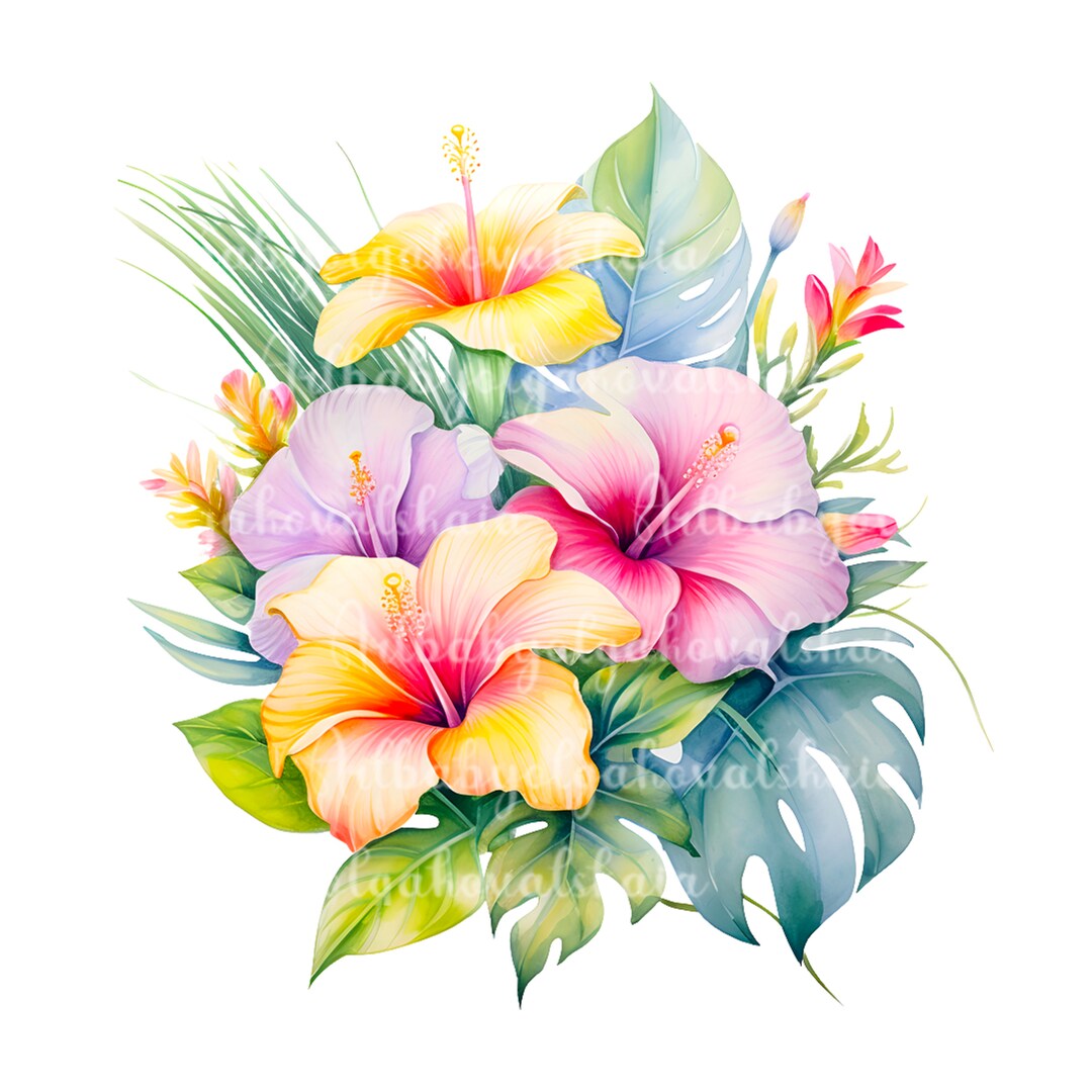 Tropical Flowers Clipart, Watercolor Flowers PNG, Digital Download - Etsy