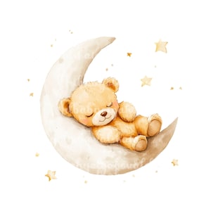 Teddy Bear Clipart, Watercolor Bear Sleeping on Moon PNG, Baby Shower ...