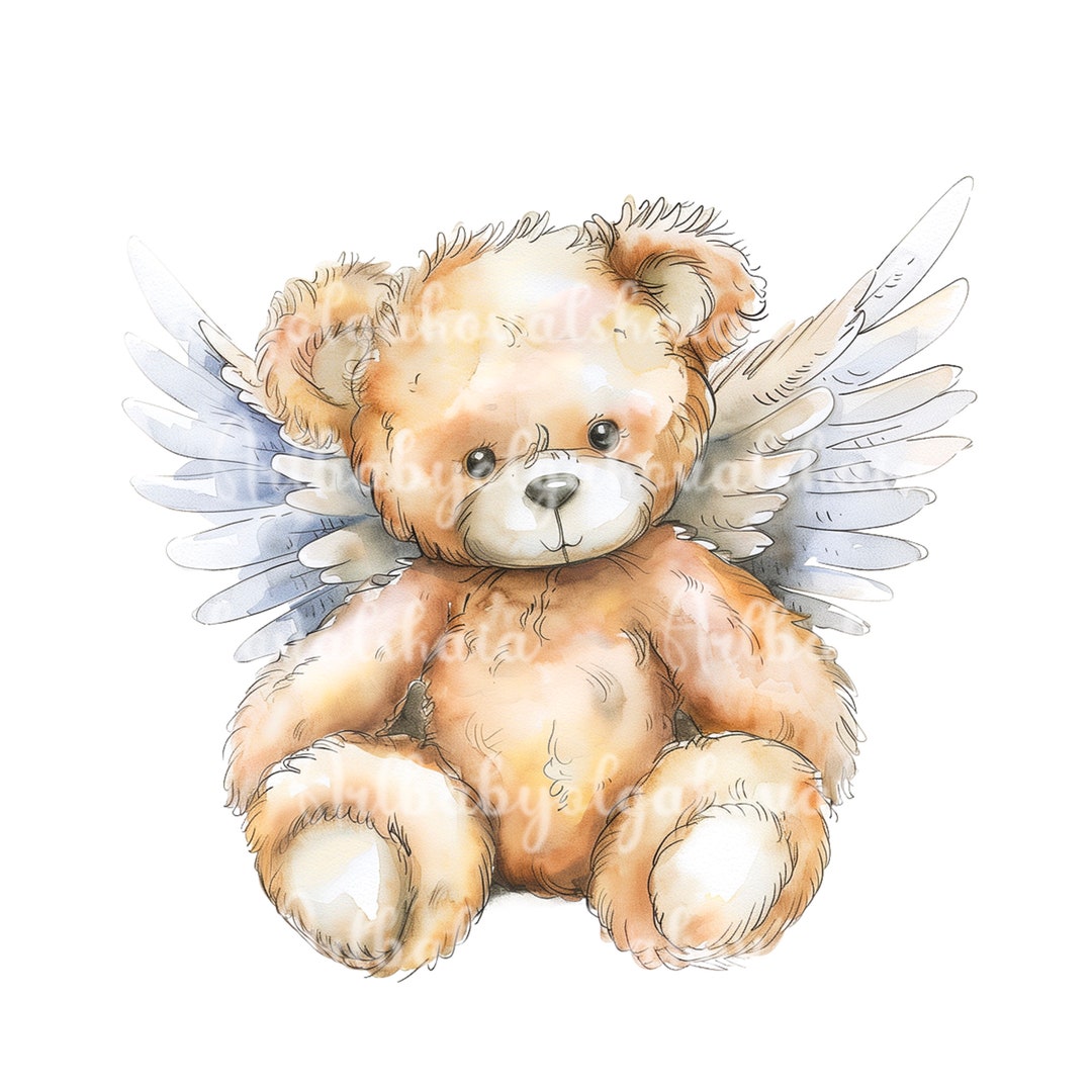 Teddy Bear Clip Art, Watercolor Angel Bear PNG, Baby Shower, Digital ...