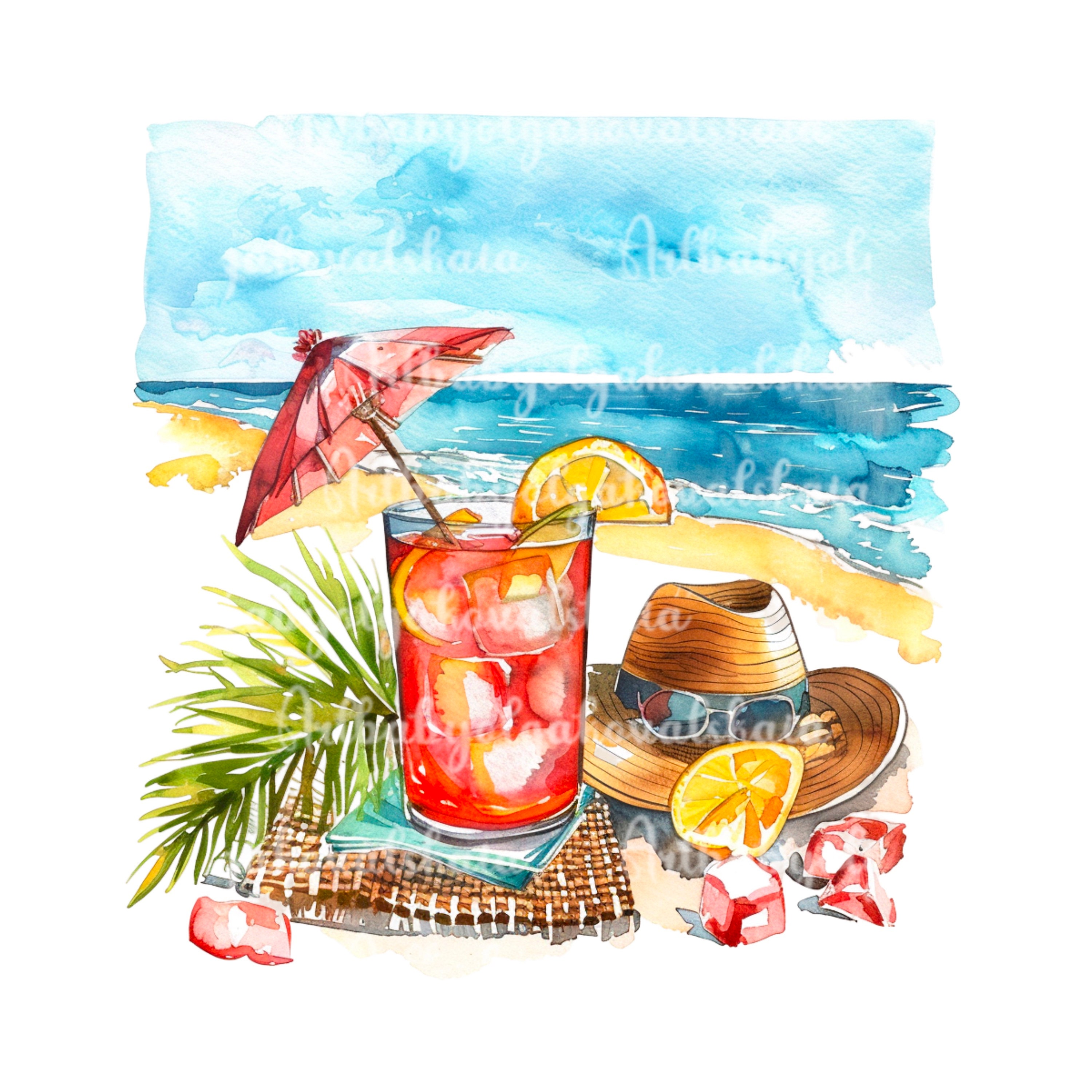 Summer Clipart PNG, Vacation Watercolor Clip Art, Beach, Digital ...