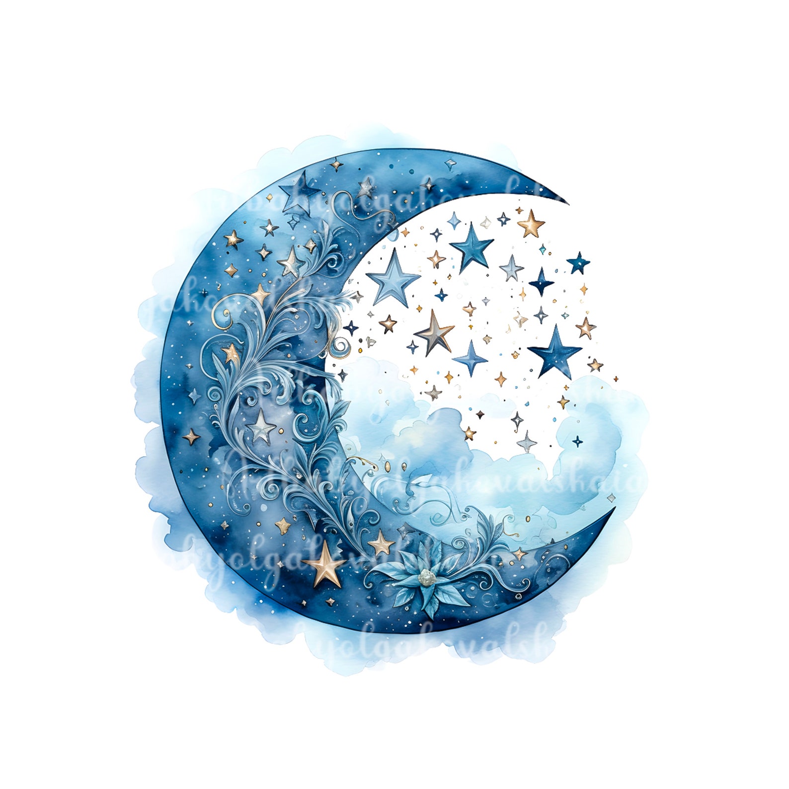 Watercolor Moon, Clouds Clipart, Stars PNG, Digital Download - Etsy