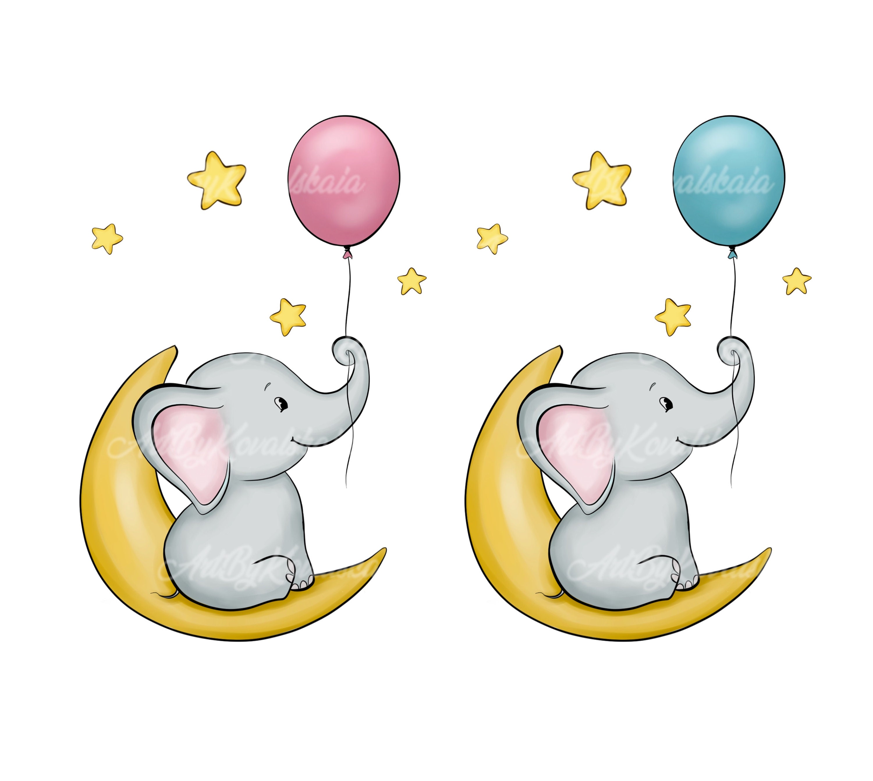 Elephant Clipart, Elephant on Moon, Balloon PNG, Baby Shower, Gender ...
