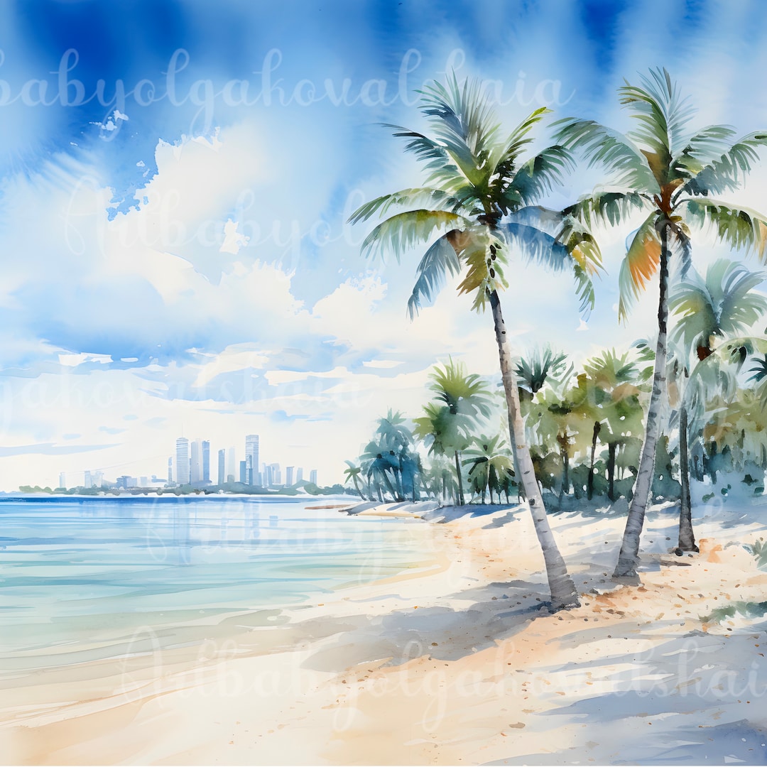 Miami Beach Landscape, Watercolor Tropical Landscapes, Florida, Digital ...