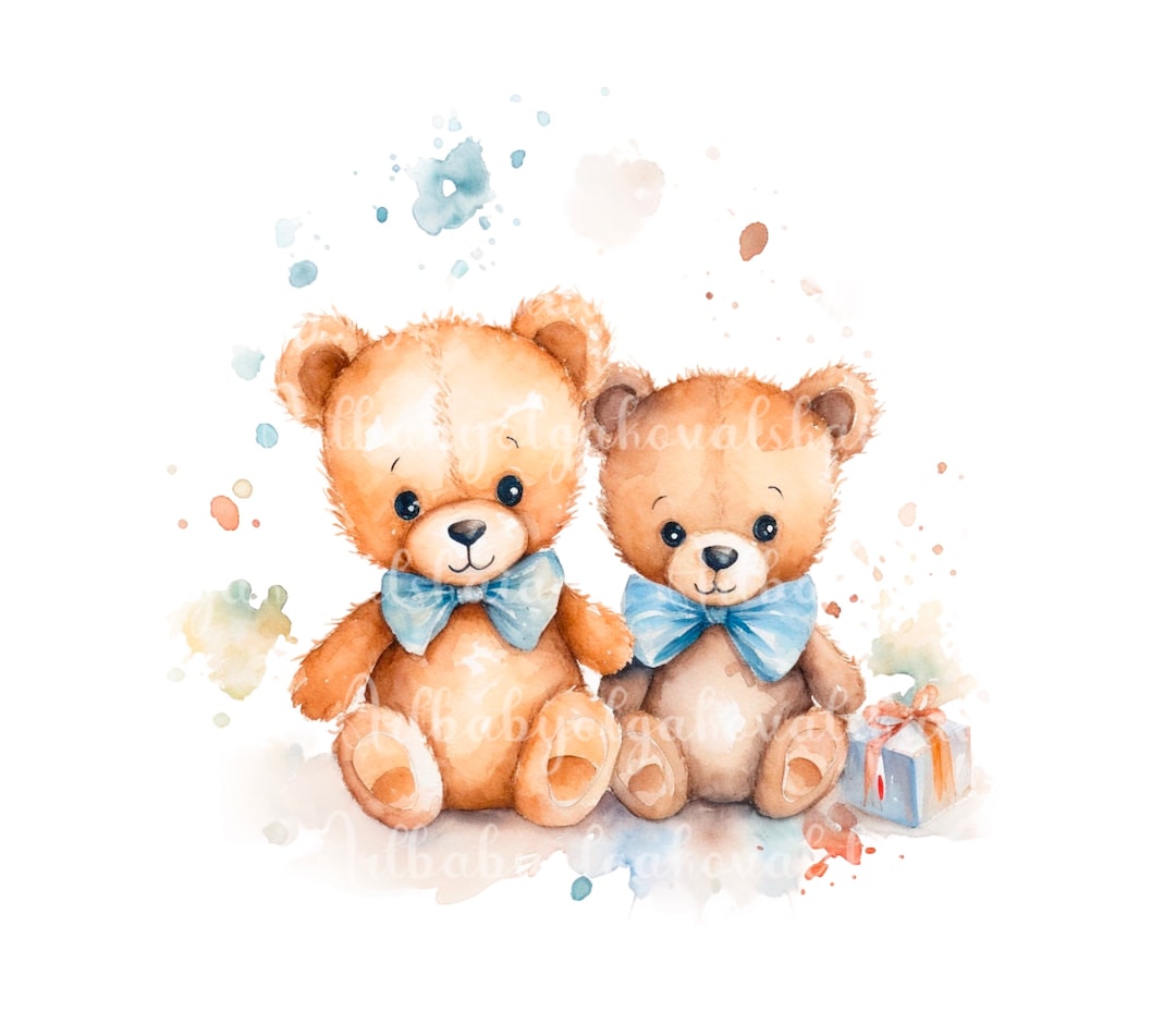 Watercolor Teddy Bear Clipart PNG, Baby Shower Boy Twins, Digital ...