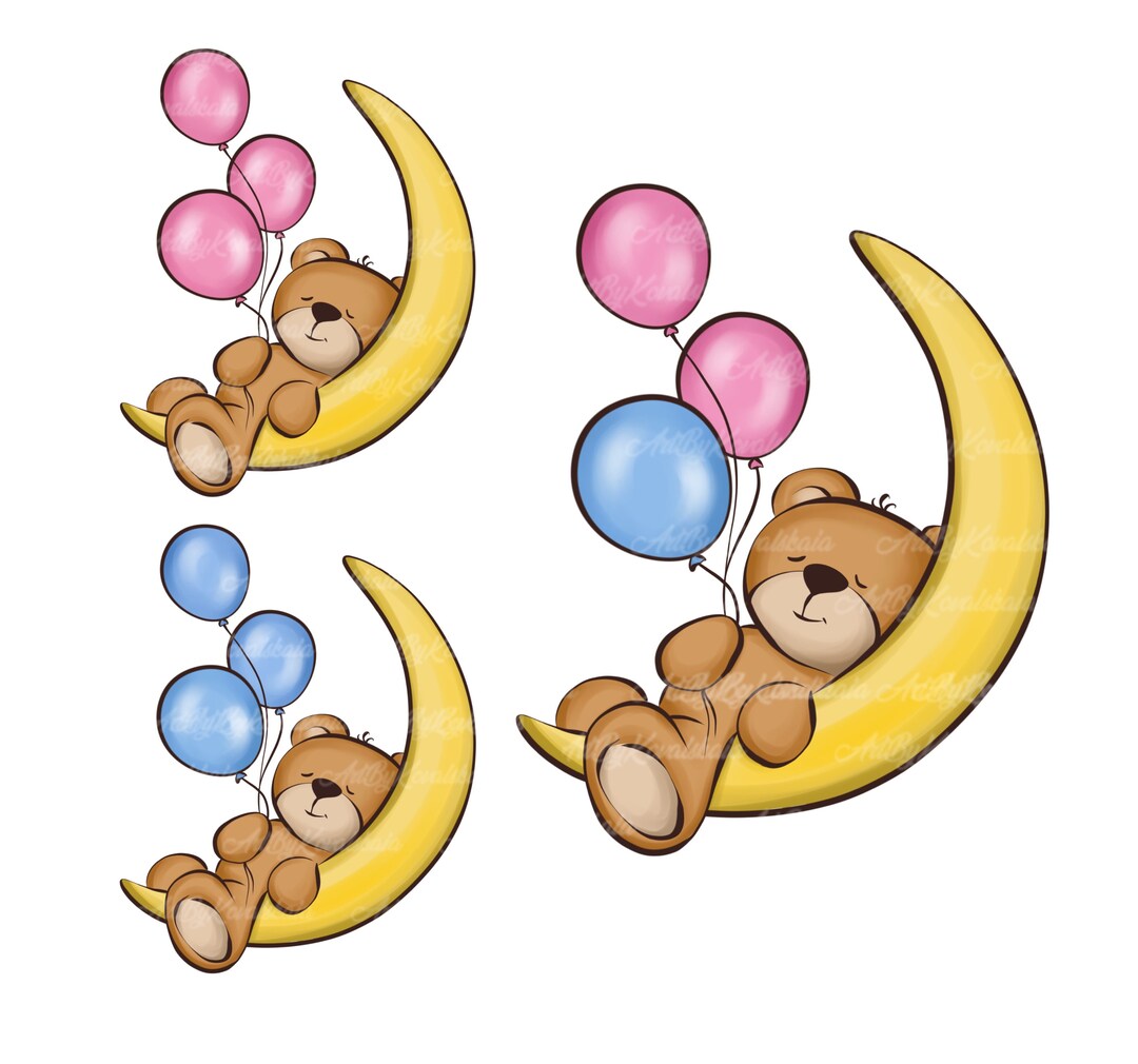 Teddy Bear Clipart, Teddy Bear Sleeping on Moon PNG, Baby Shower ...