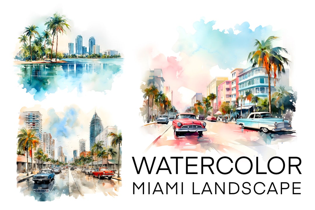 3 Miami Landscape Bundle, Watercolor Tropical Landscapes, Florida ...