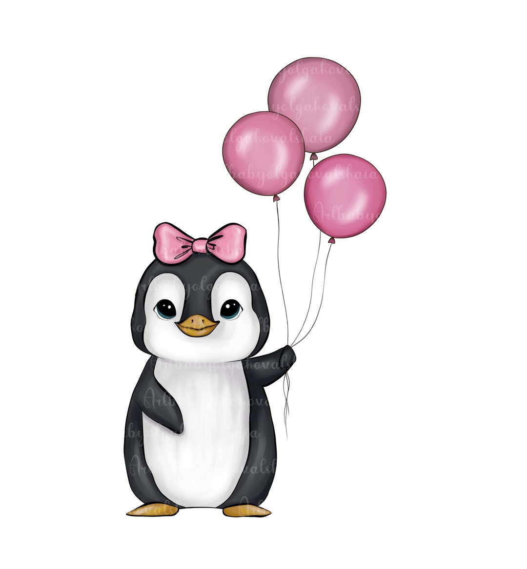 Penguin Clipart, Penguin With Balloons PNG, Baby Shower Girl, Digital ...