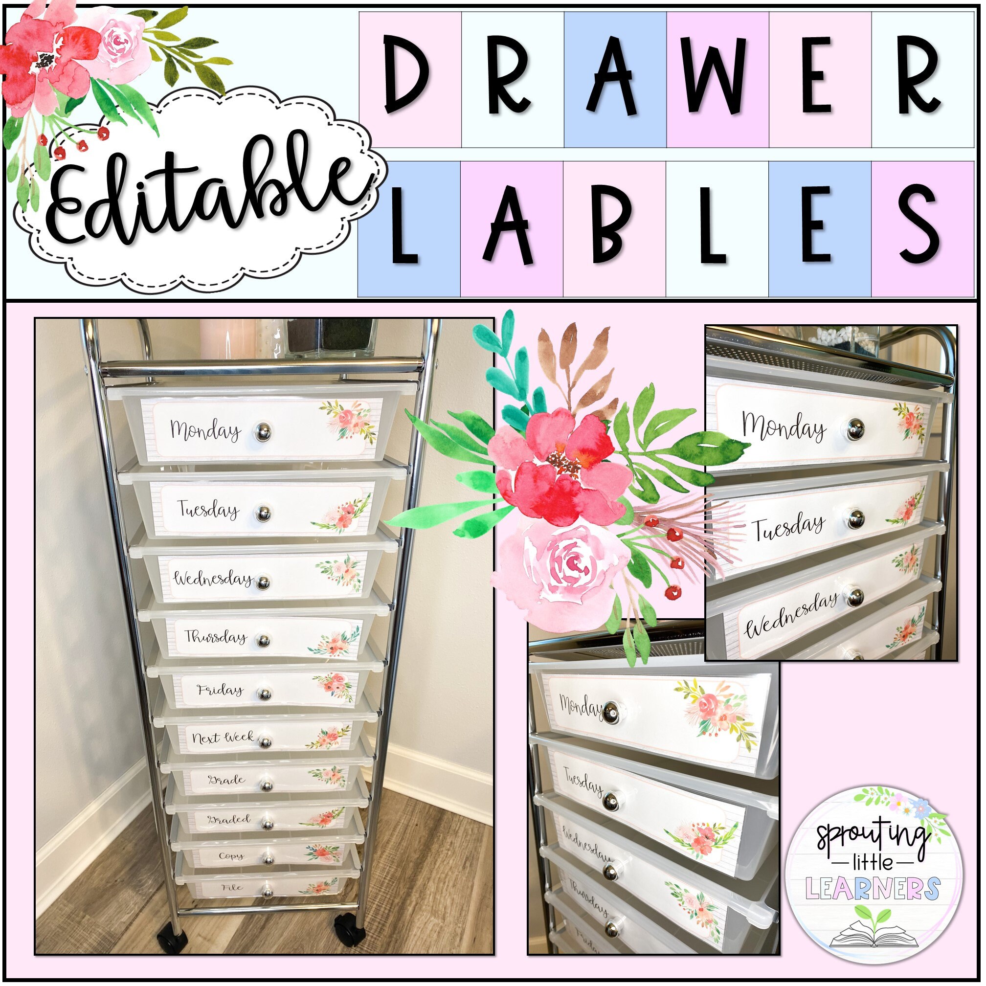 Floral Teacher Rolling Cart Labels | Trolley Labels | Utility Cart ...