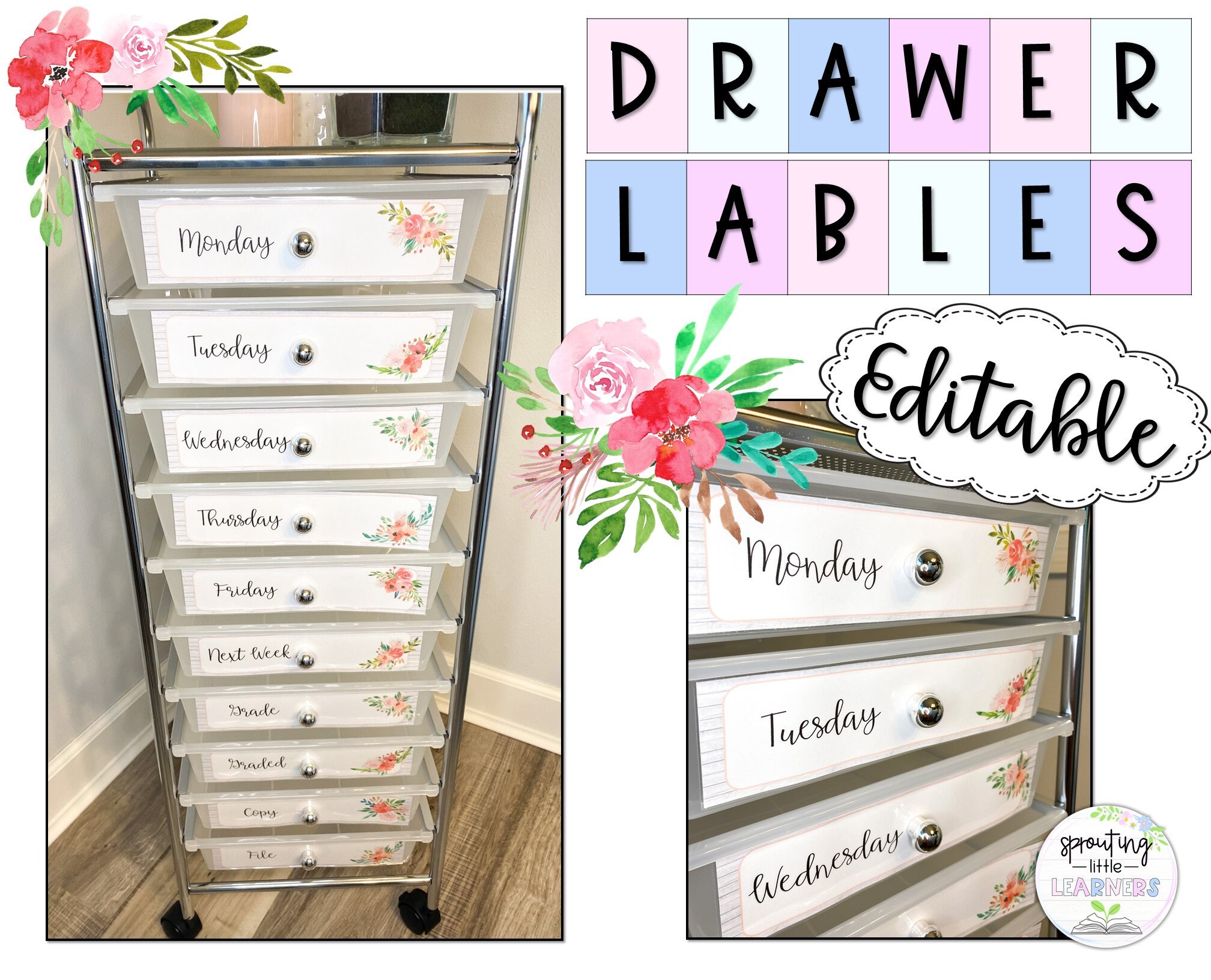 Floral Teacher Rolling Cart Labels | Trolley Labels | Utility Cart ...
