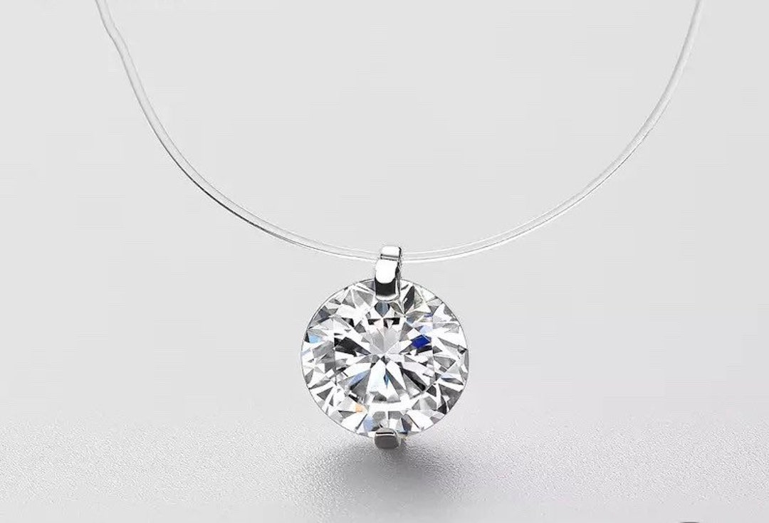 925 Solitaire CZ Transparent Fishing Line Pendant Necklace - Etsy