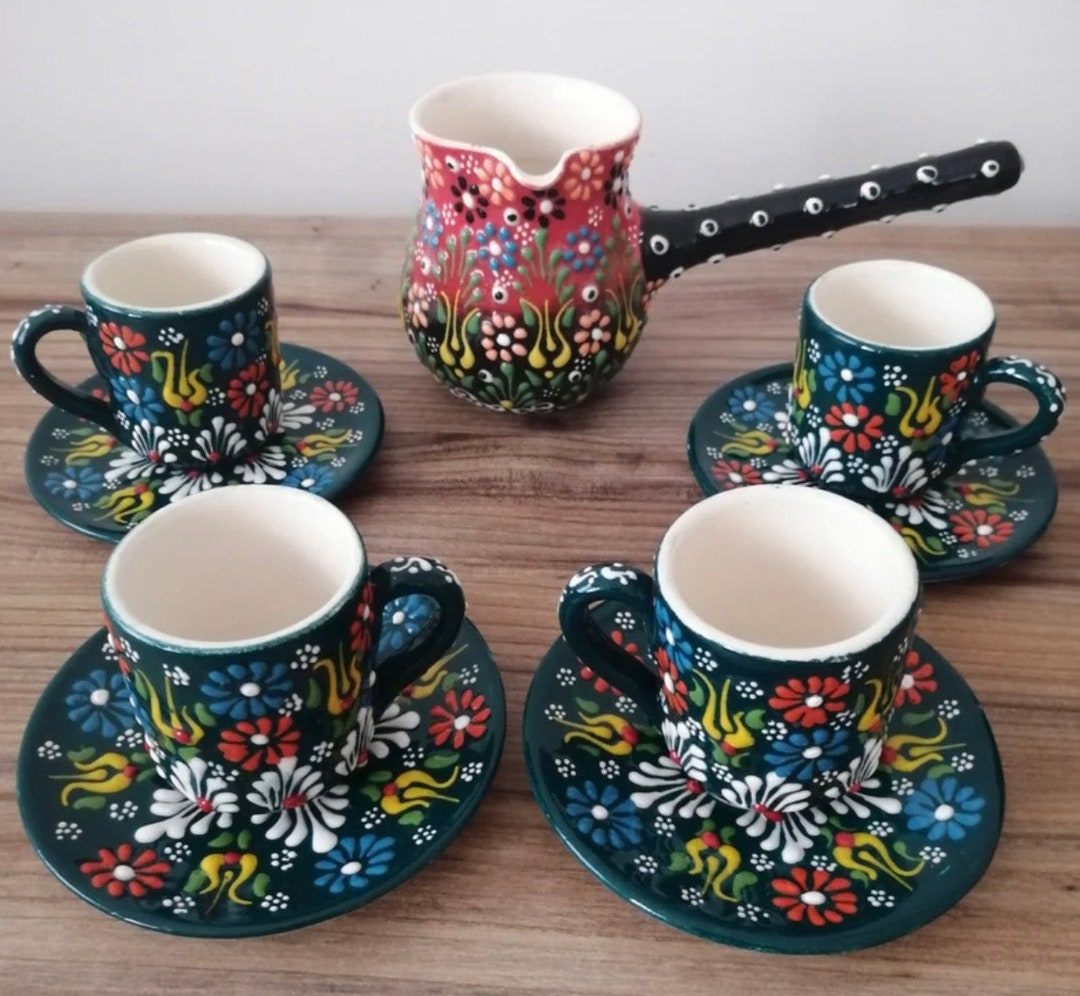 Turkish Ceramic Espresso Cups and Saucers Set With Pot, Ceramic Turkish ...