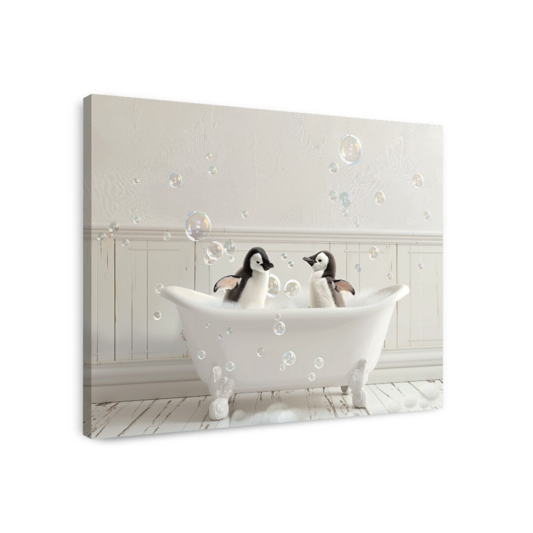 Penguins in a Vintage Bathtub, Rustic Bath Style, Bathroom Wall Art ...