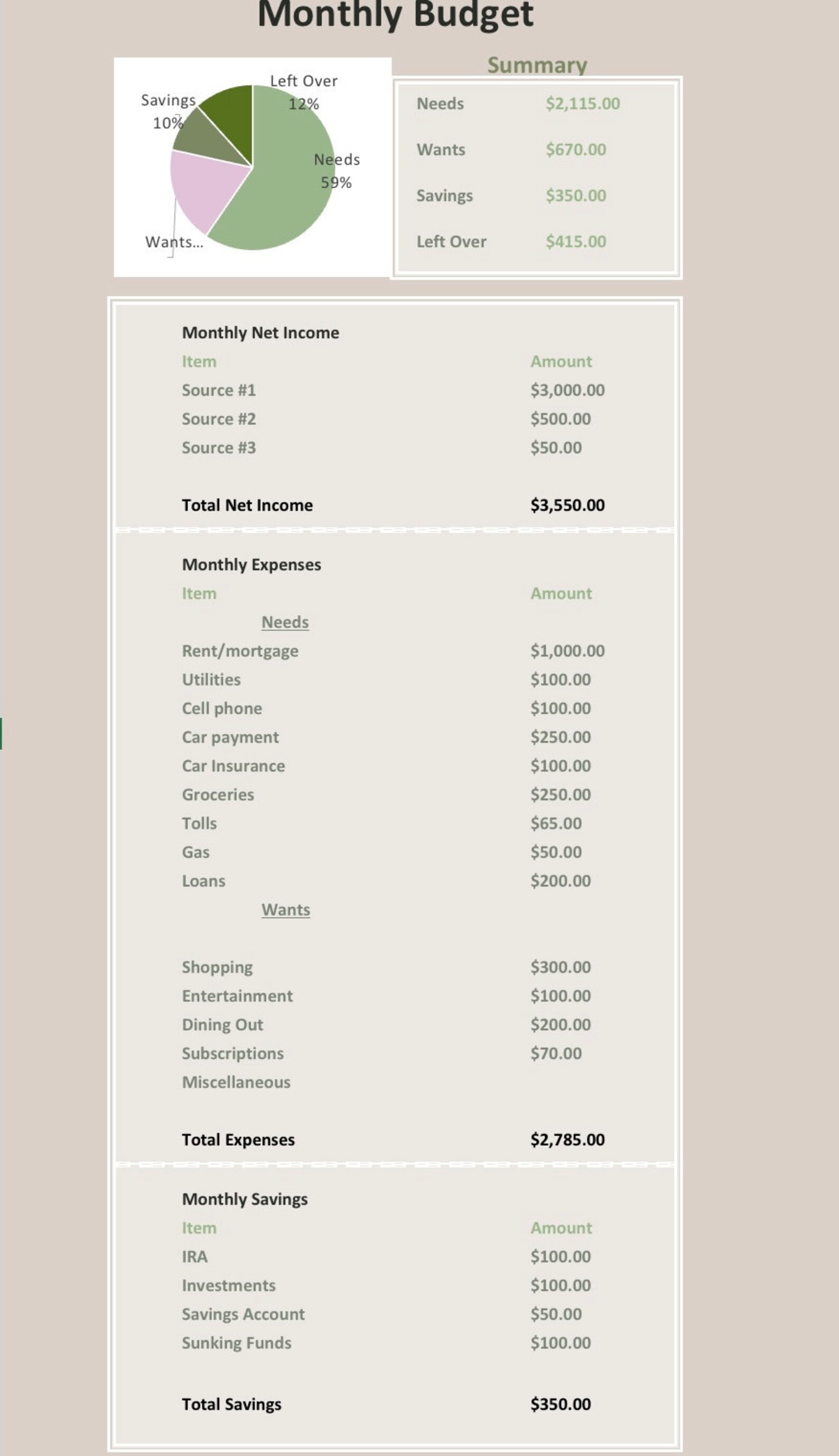 Simple Monthly Budget Excel Template - Etsy